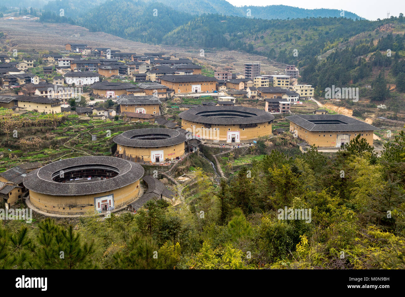 View of ChuXi Cluster of Tulou - Fujian province, China. The tulou are ...