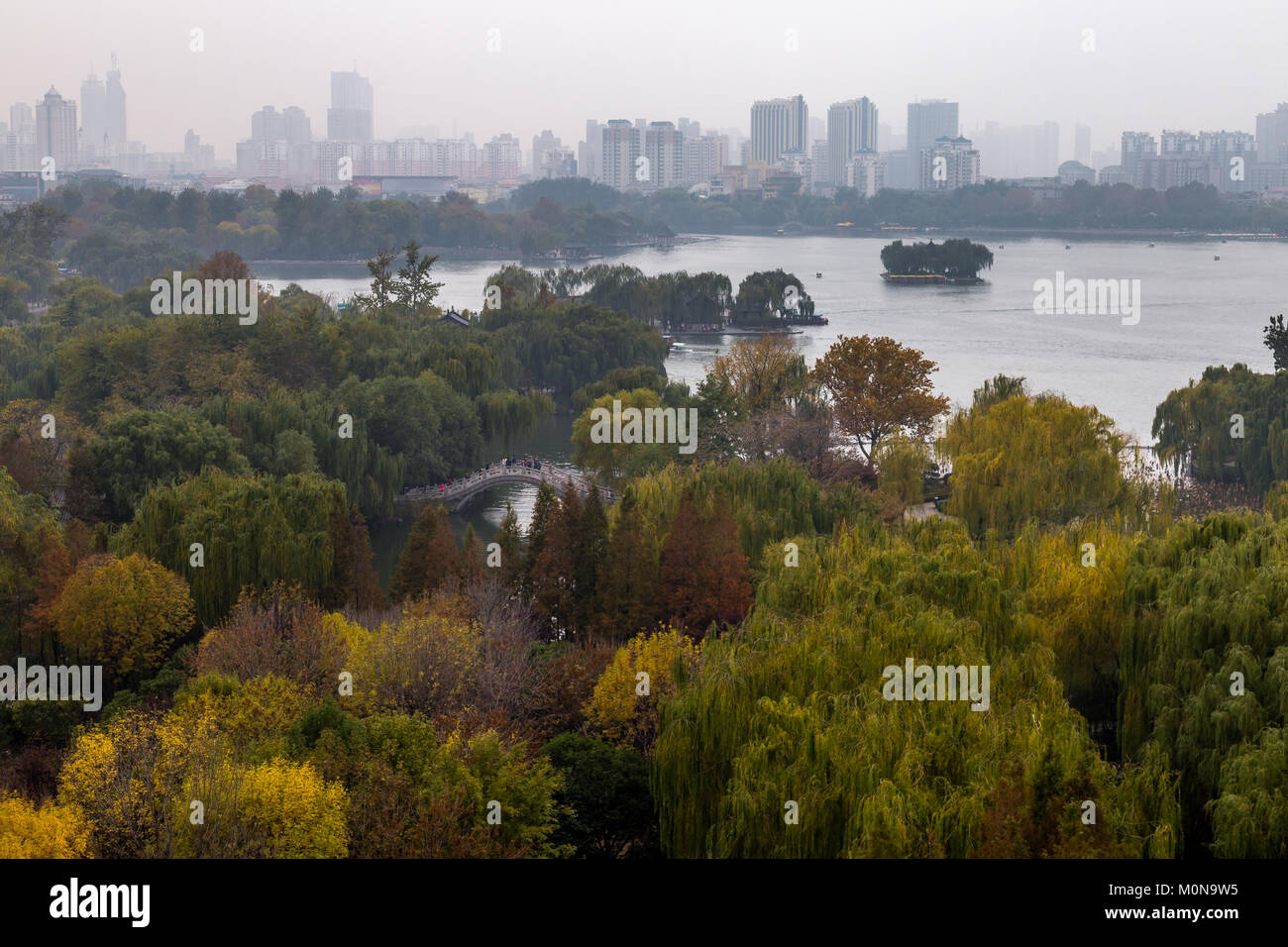 Daming Lake seen from the top of Chaoran Tower in Autumn, Jinan, China ...