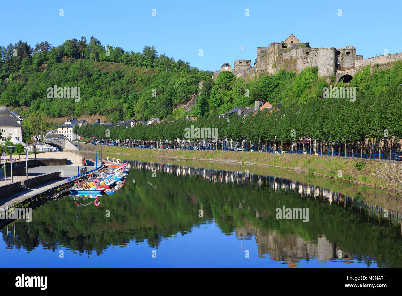The 10th-century Bouillon Castle along the Semois River in Bouillon ...