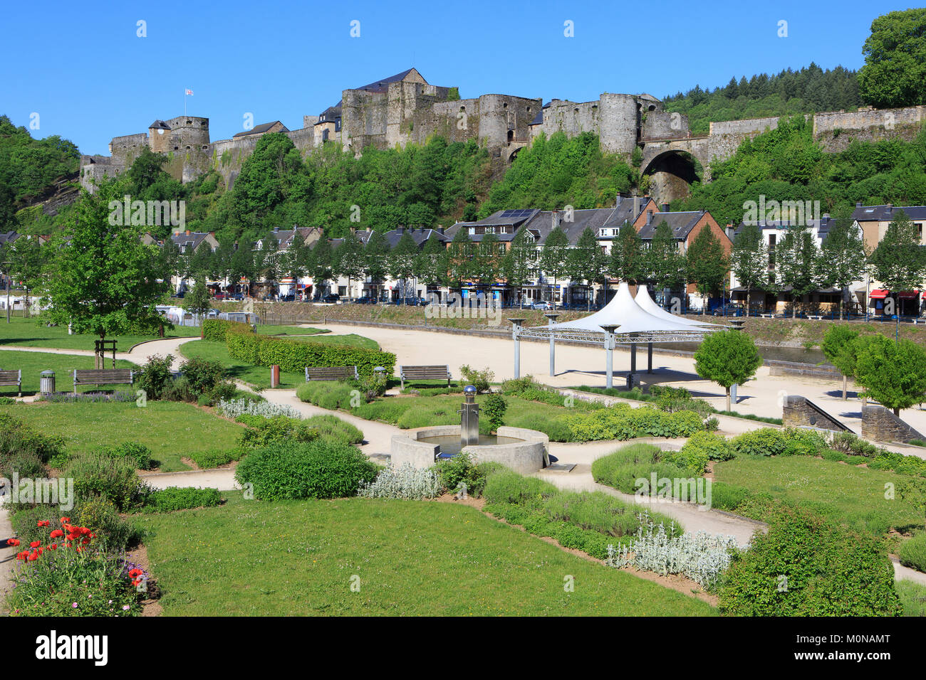 The 10th-century Bouillon Castle along the Semois River in Bouillon ...