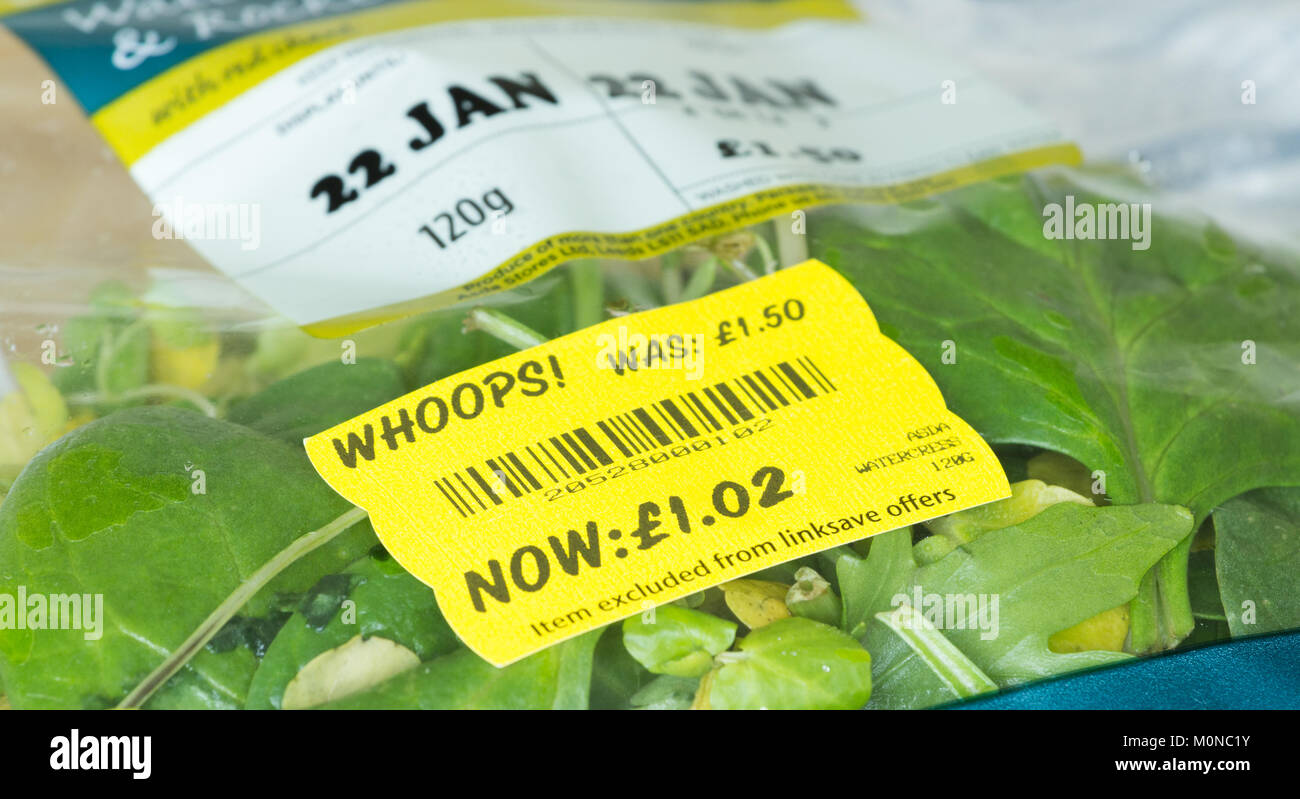 Reduced price sticker on washed and pre packed Watercress and Rocket ...