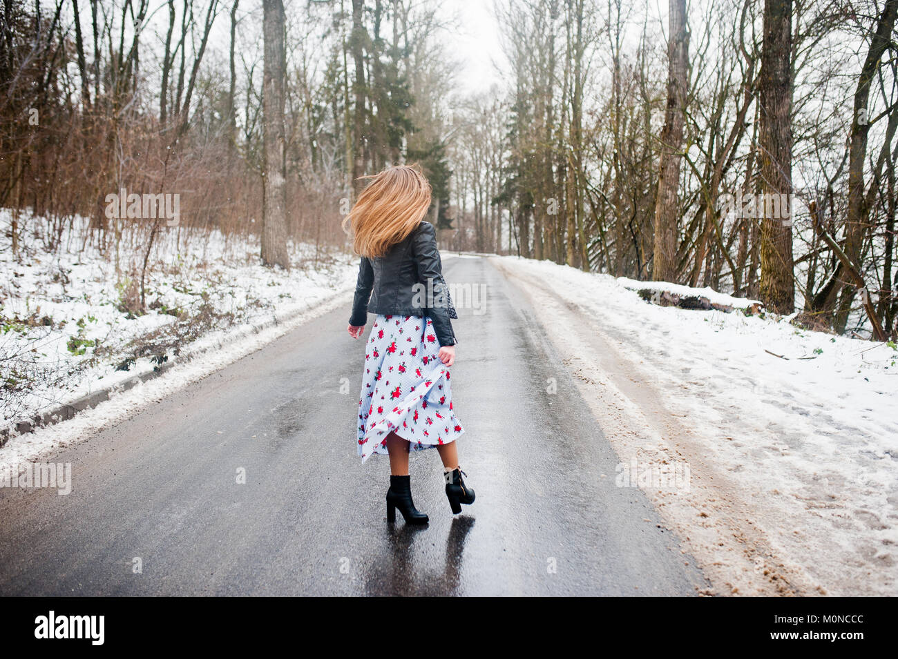 Stylish girl in leather jacket at winter day on road Stock Photo - Alamy