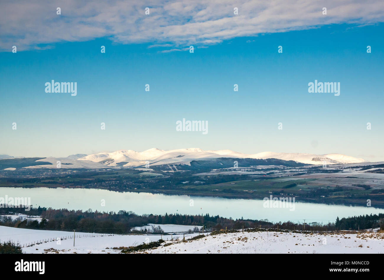 Winter scene of Clyde River to Gare Loch from hill above Langbank, with ...