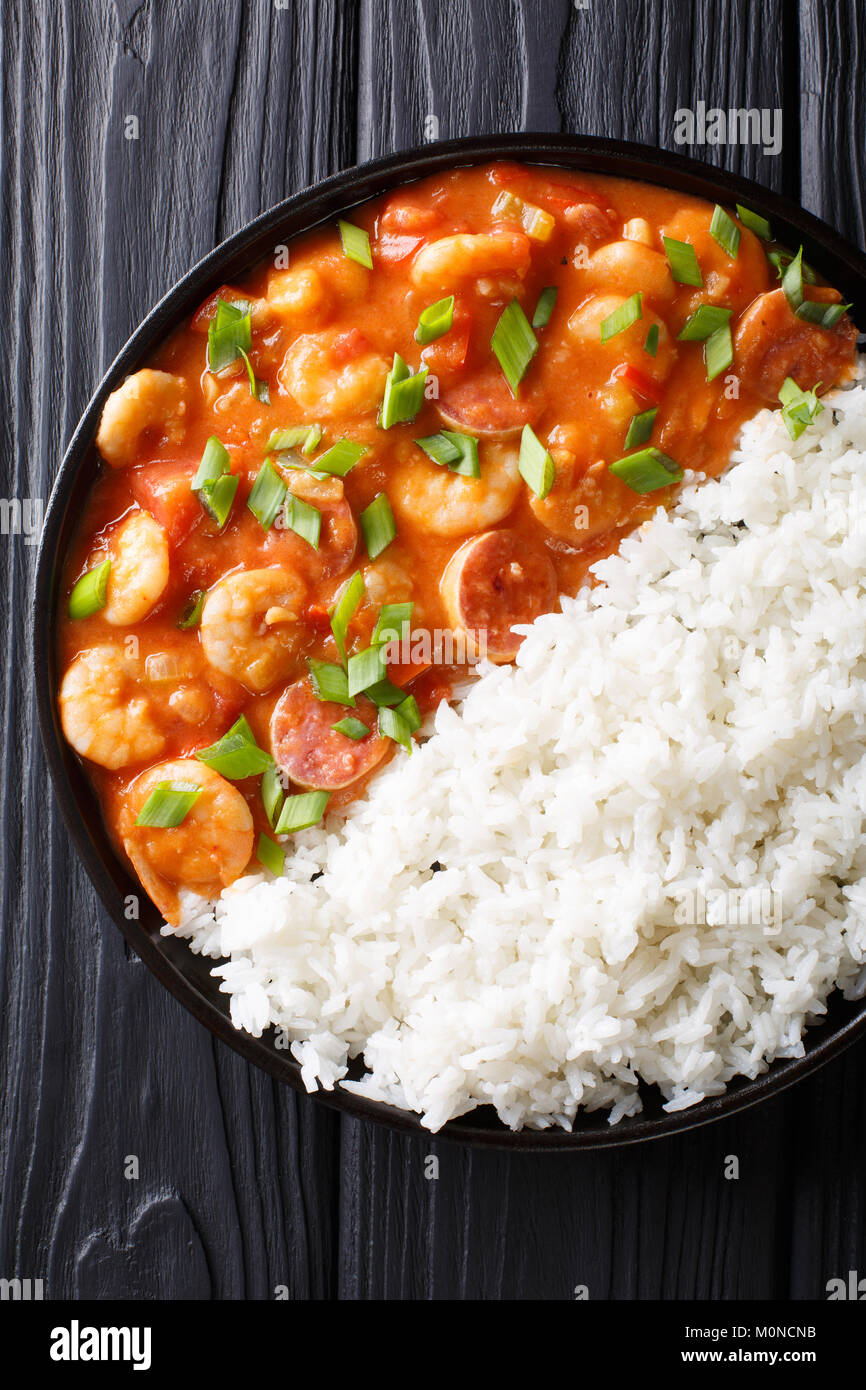 Traditional Louisiana gumbo with shrimp, sausage and rice macro on a ...