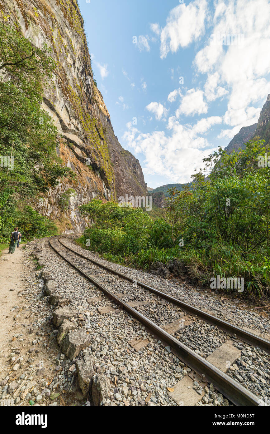 Railroad track to Machu Picchu along Urubamba valley. Peru travel ...
