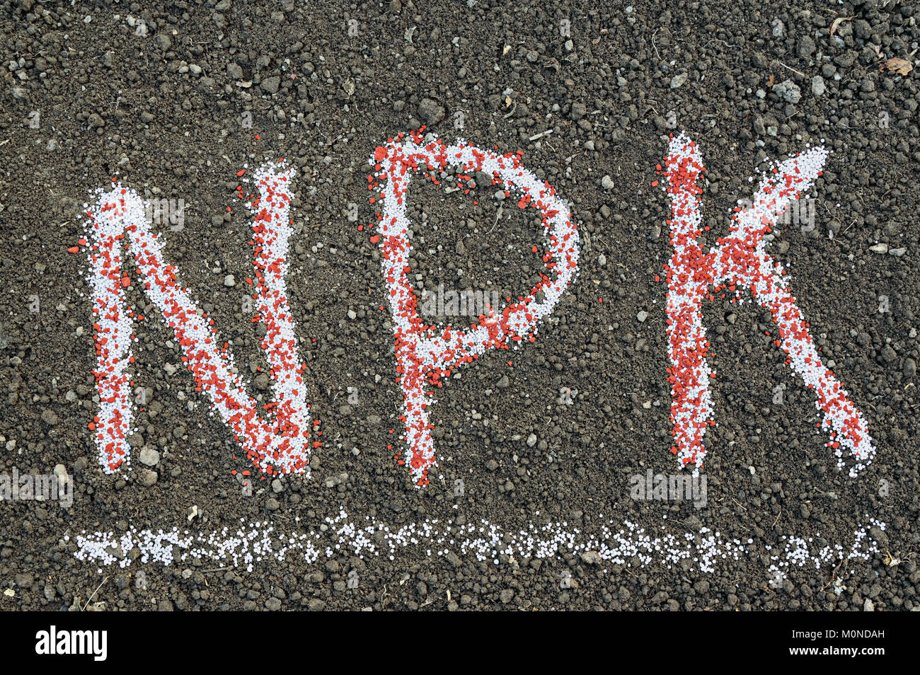 NPK letters made of composite mineral fertilizers on the black soil ...
