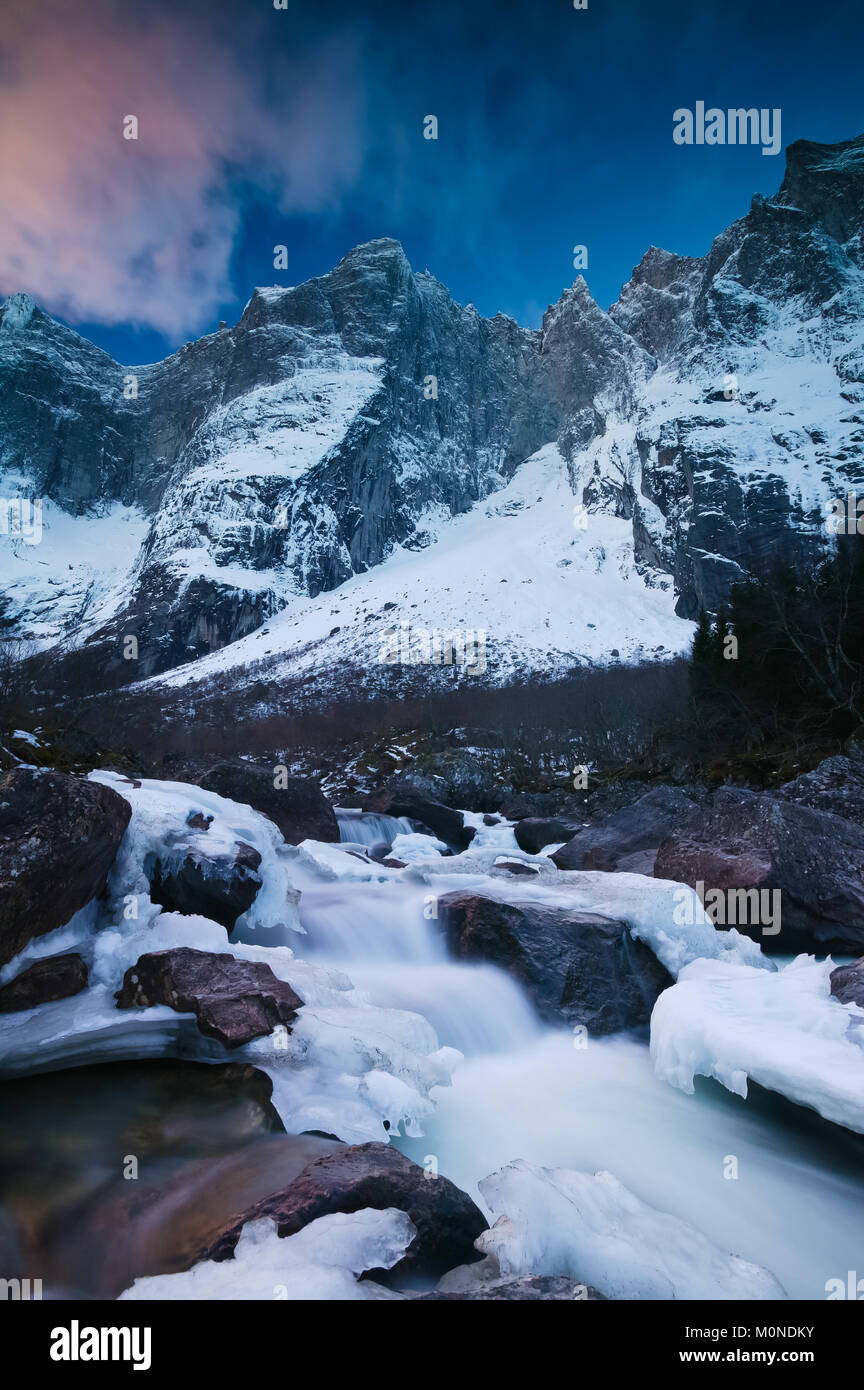 Winter landscape in Romsdalen valley, Møre og Romsdal, Norway. In the ...