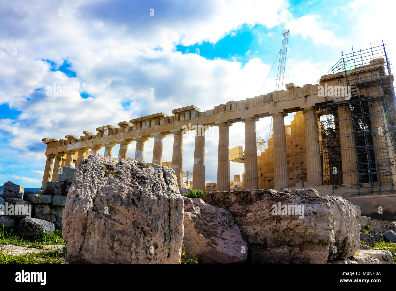 Fallen columns in front of the Parthenon on the Athens Greece Acropolis ...