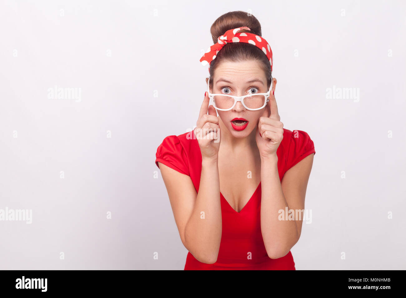 Expression surprise beautiful woman with shocked face, in dress ...