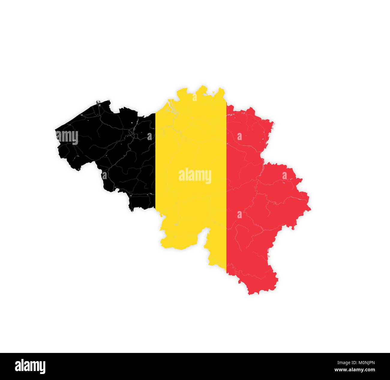 Map of Belgium with rivers and lakes in colors of the national flag ...