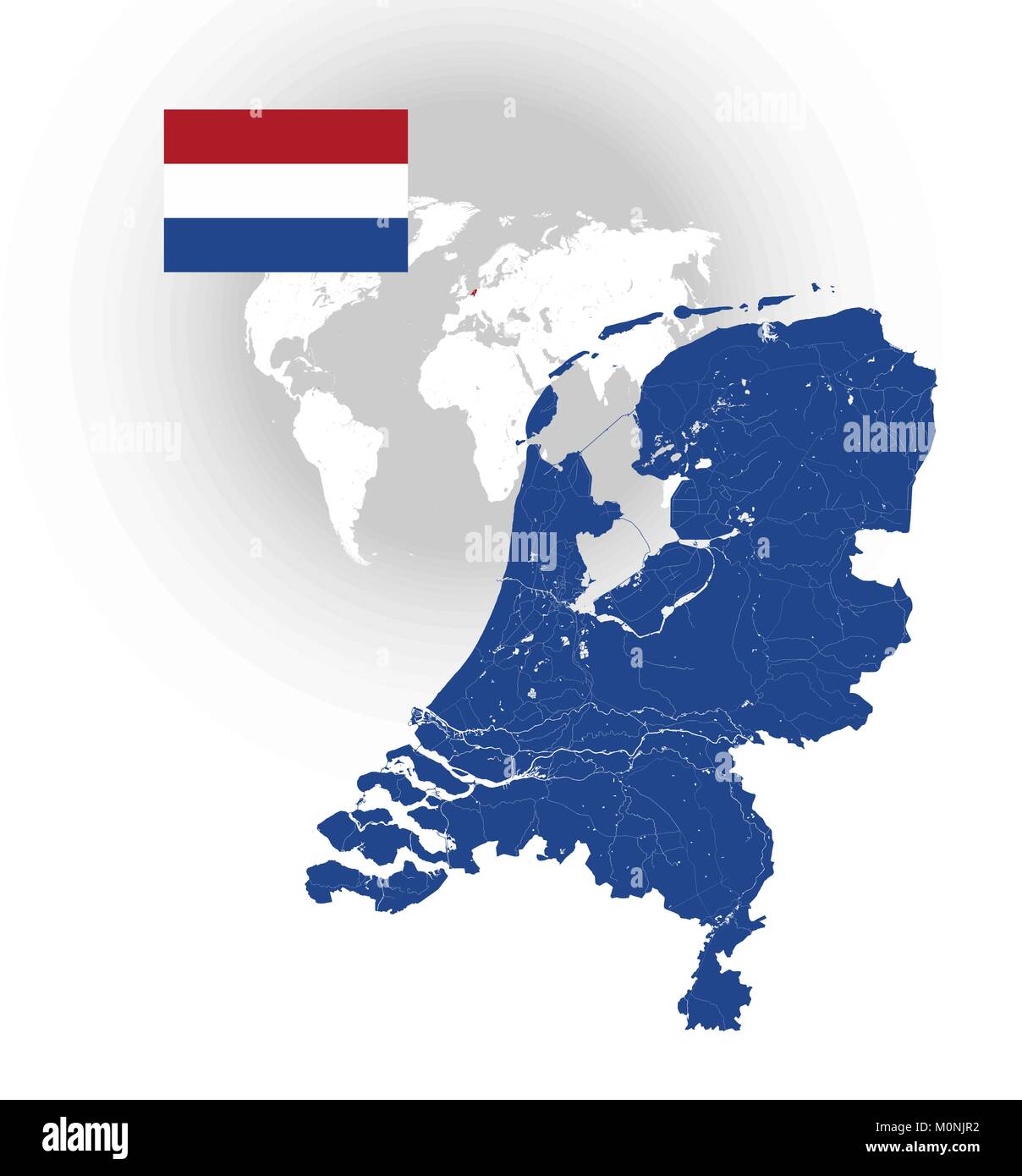 Map of Netherlands with rivers and lakes, national flag of Netherlands ...