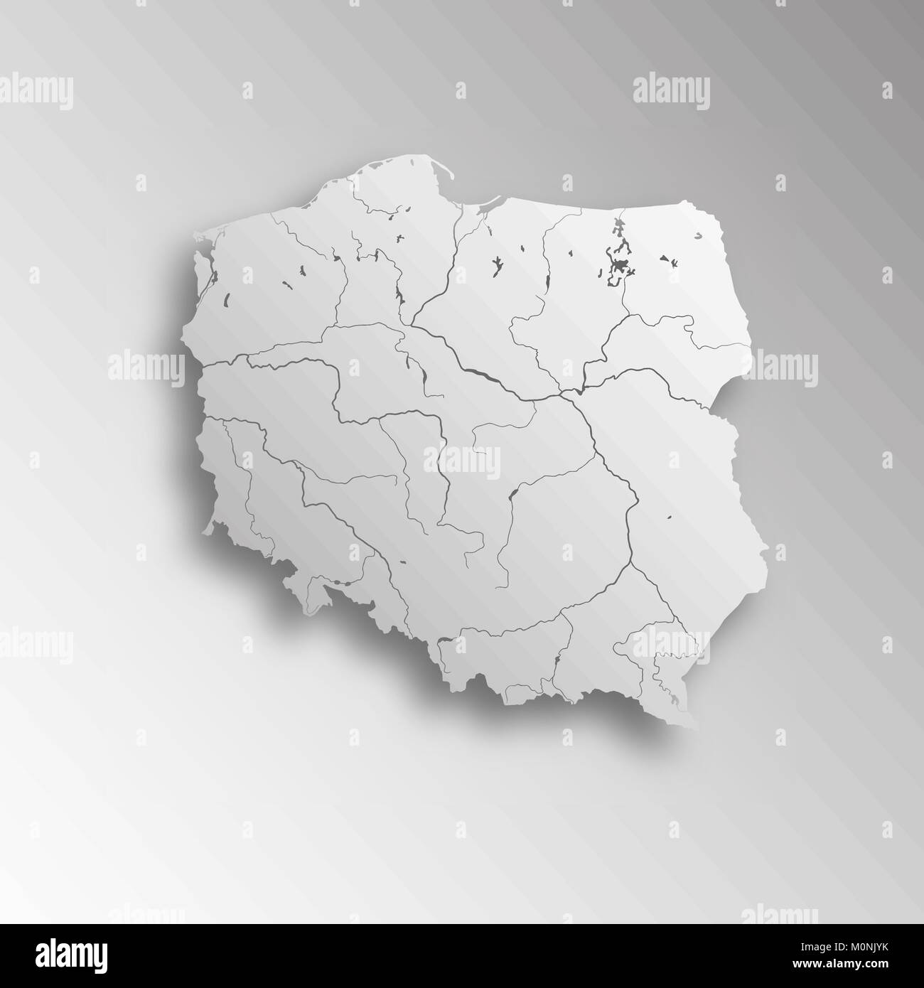 Very detailed map of Poland with paper cut effect. Rivers are shown ...