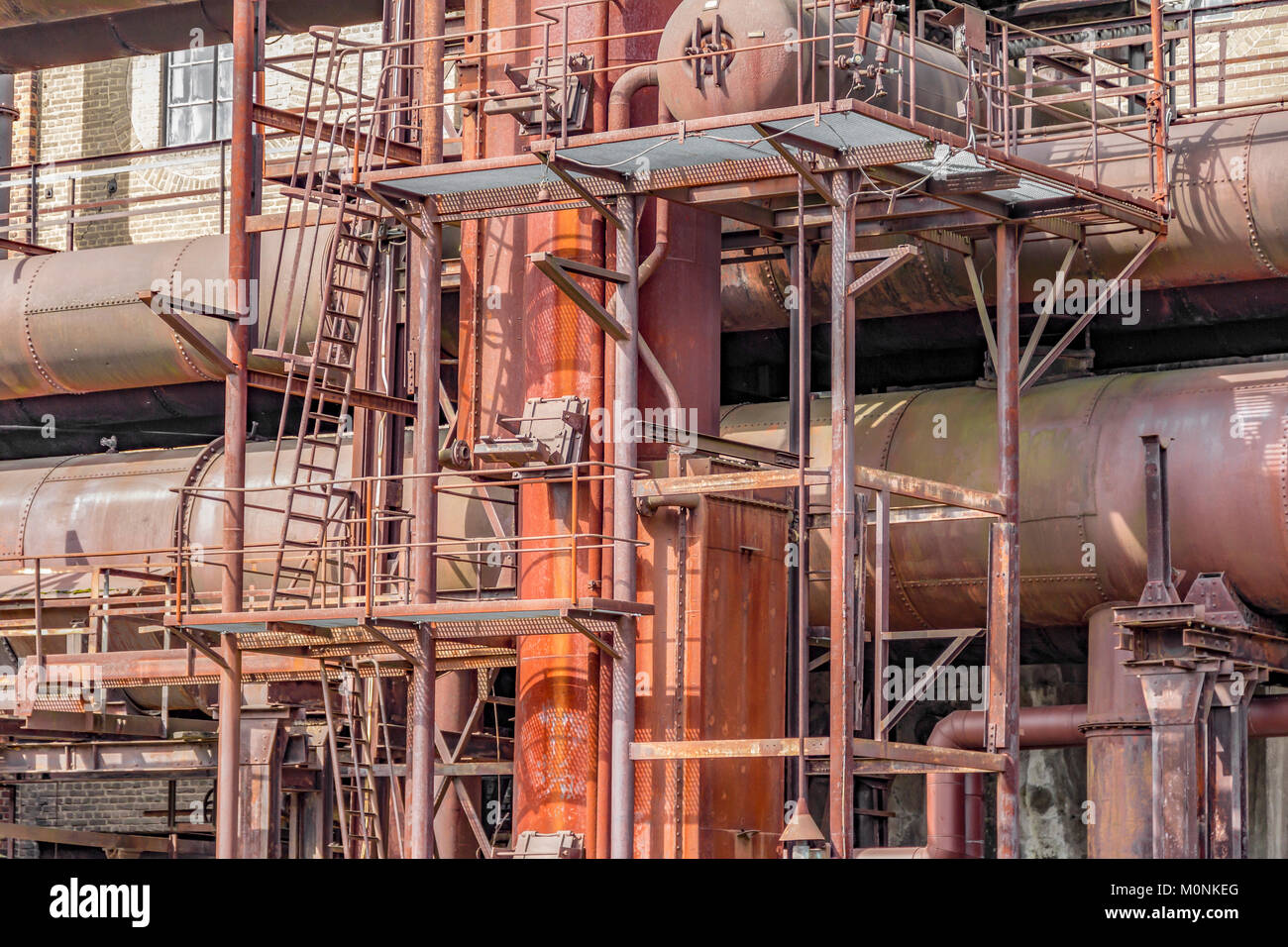 sunny illuminated weathered rusty industrial scenery with old corroded ...