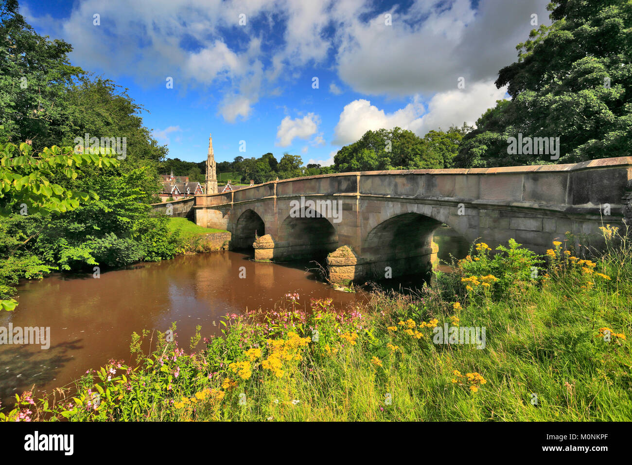 Summer, River Manifold bridge, Ilam village; Staffordshire; England; UK ...