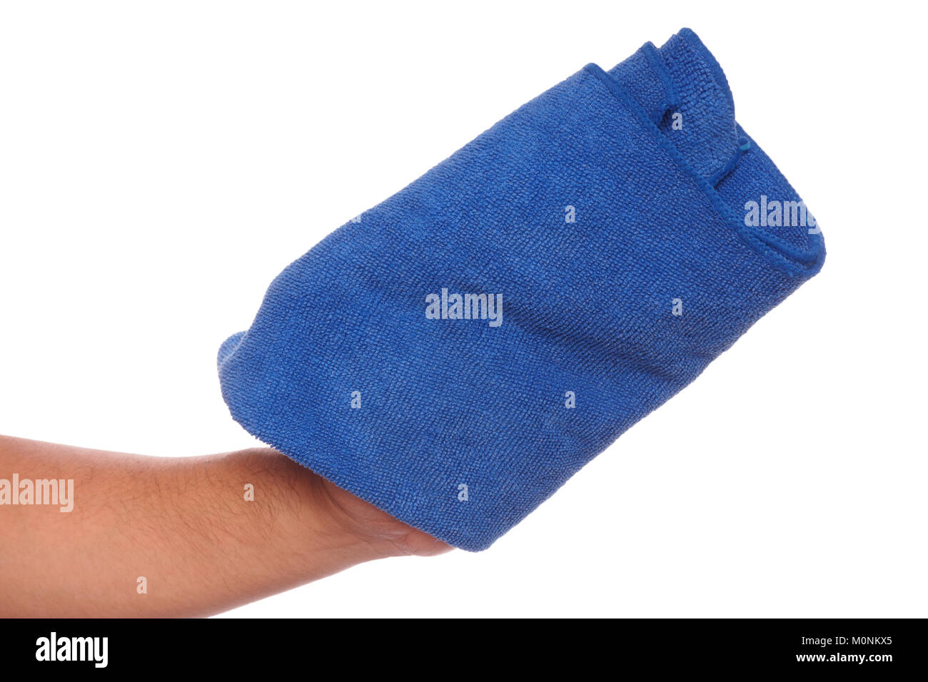 hand holding blue microfiber cloth for cleaner isolate on white ...