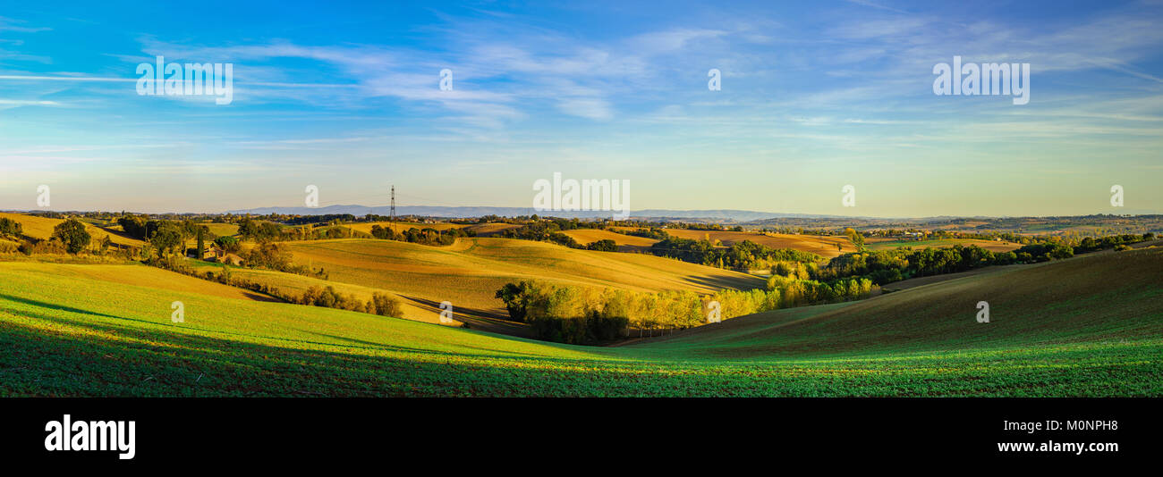 Beautiful green and yellow hills sunset panoramic view with shadows ...