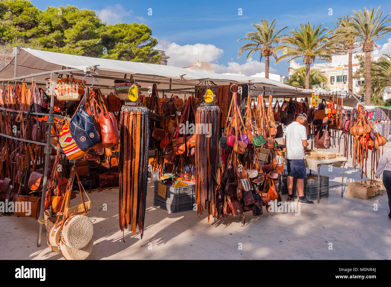 Leather belts and bags for sale at the street market in Mahon , Menorca ...