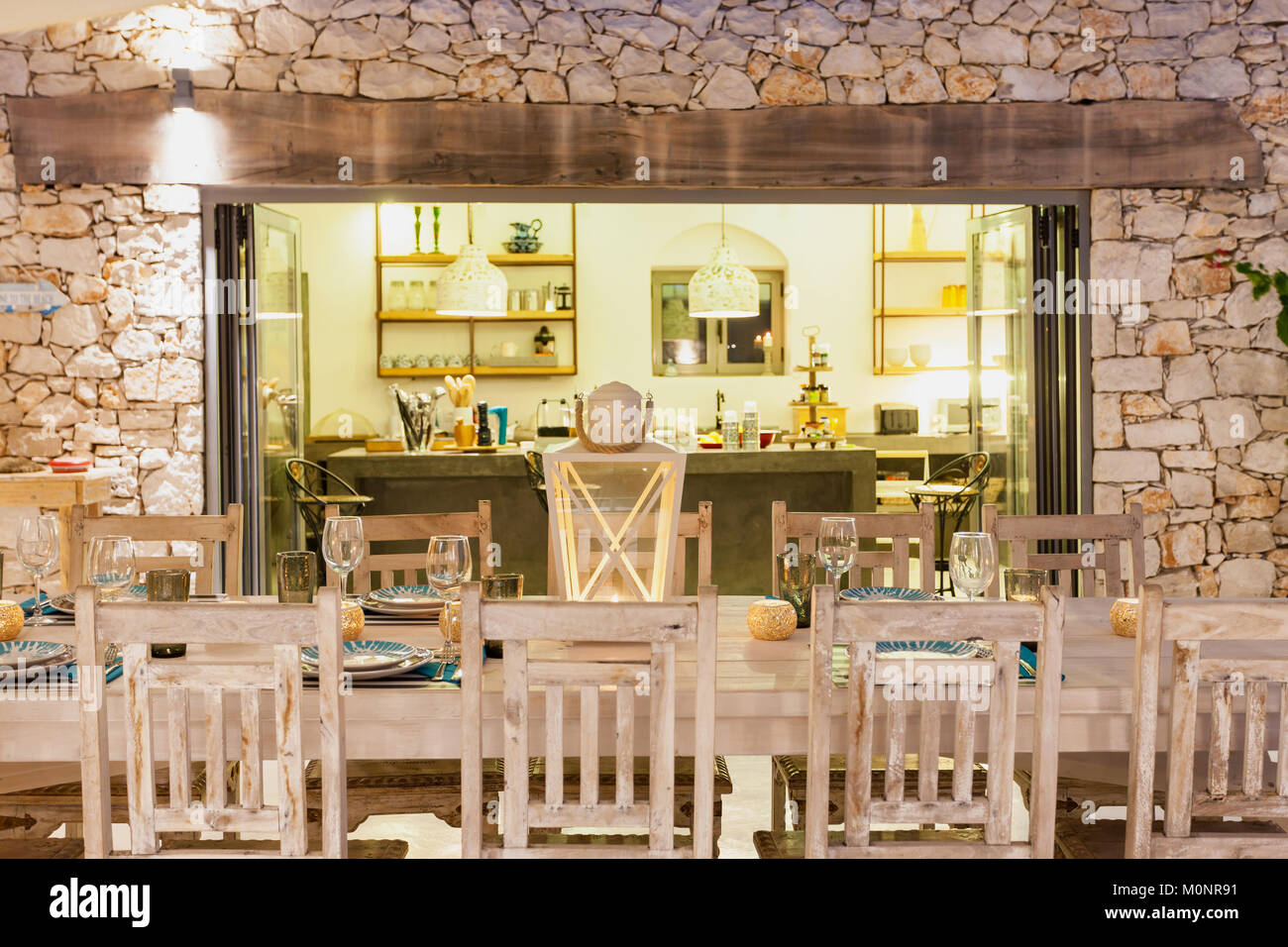 dinning area with big table in a private summer resort Stock Photo - Alamy