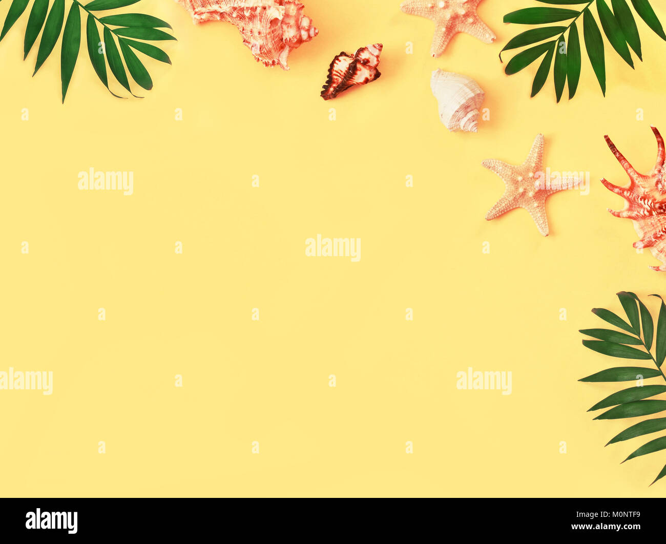 Tropical Background. Palm Trees Branches with starfish and seashell on ...