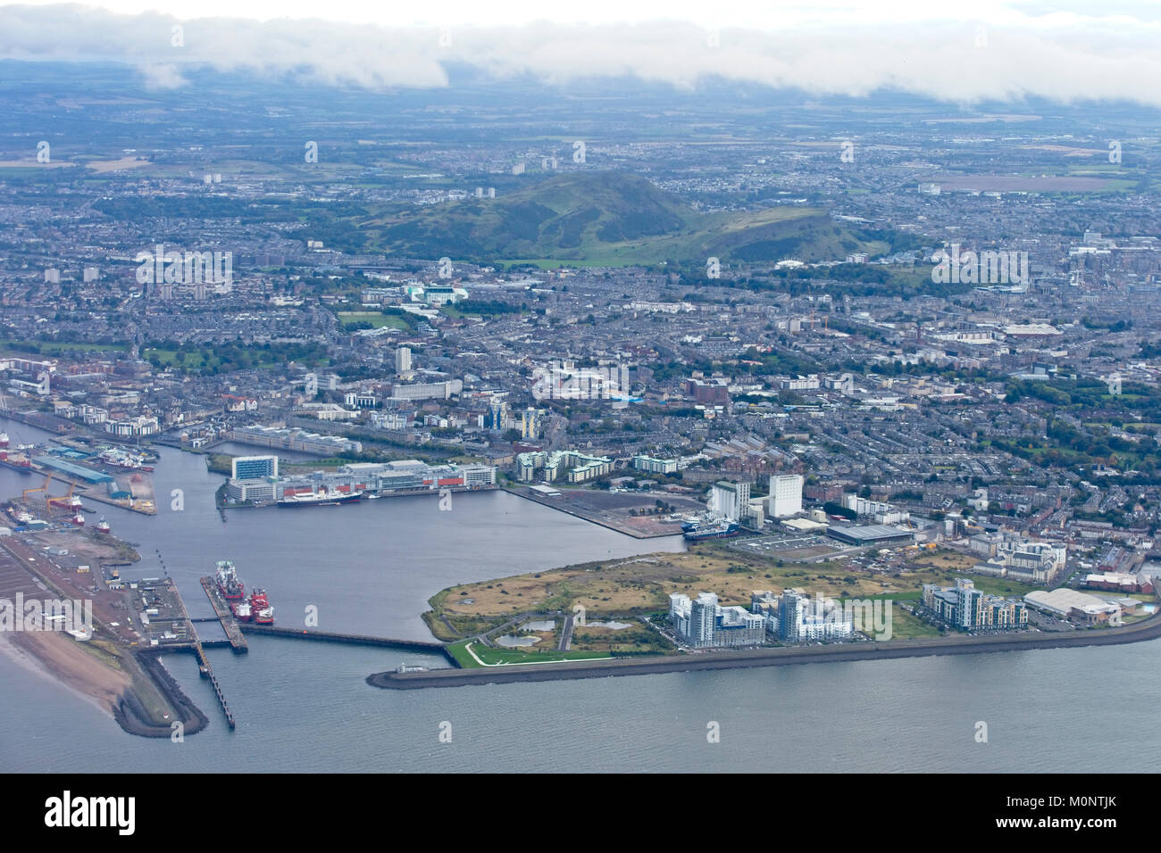 Flying into Edinburgh airport over the harbour, the Royal Yacht ...