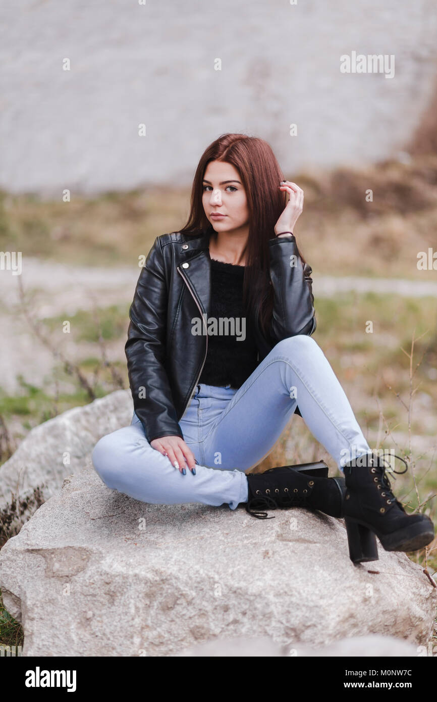 Teen girl in leather jacket hi-res stock photography and images - Alamy
