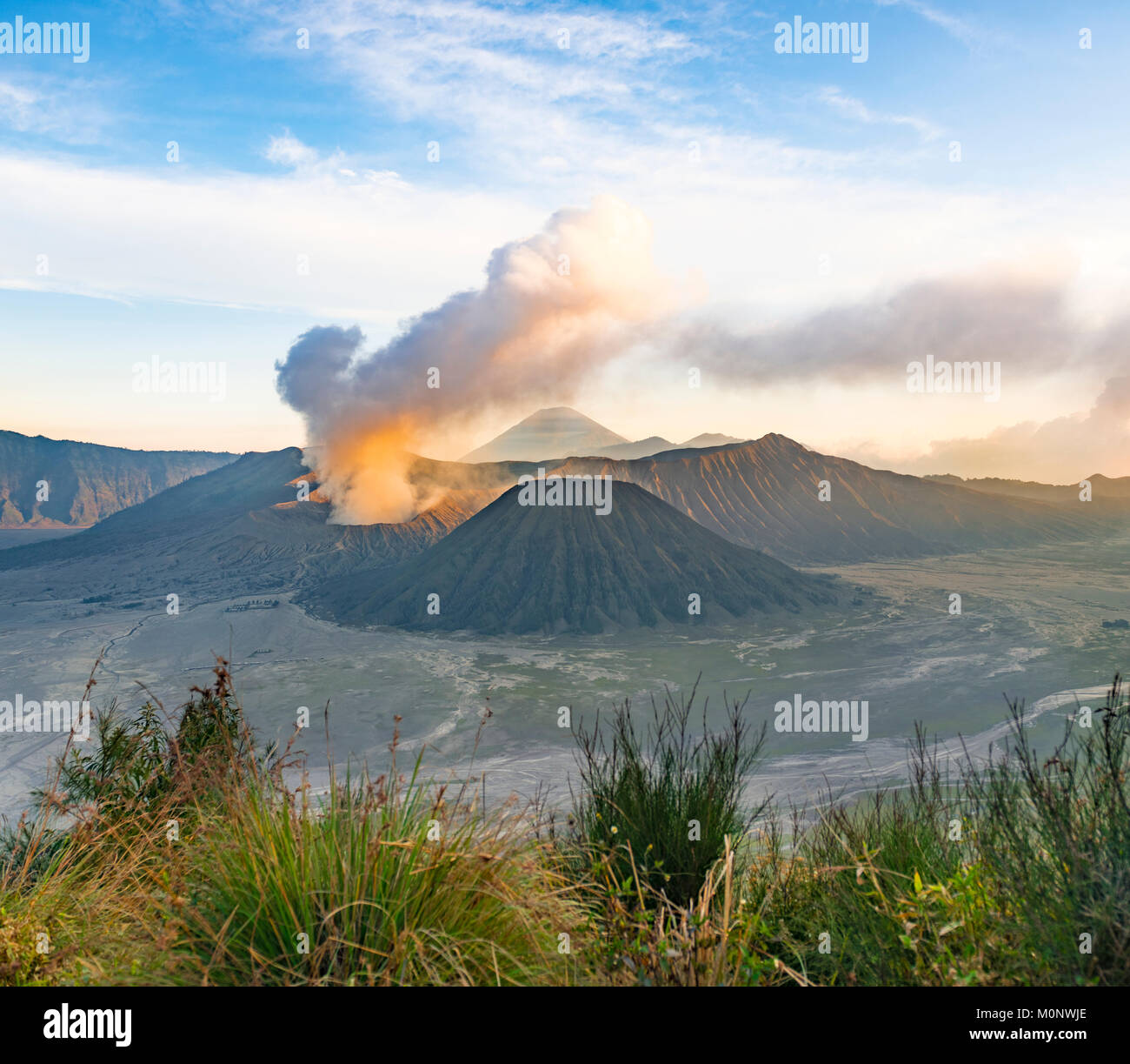 View of volcanoes at sunset,smoking volcano Gunung Bromo,Batok,Mt ...