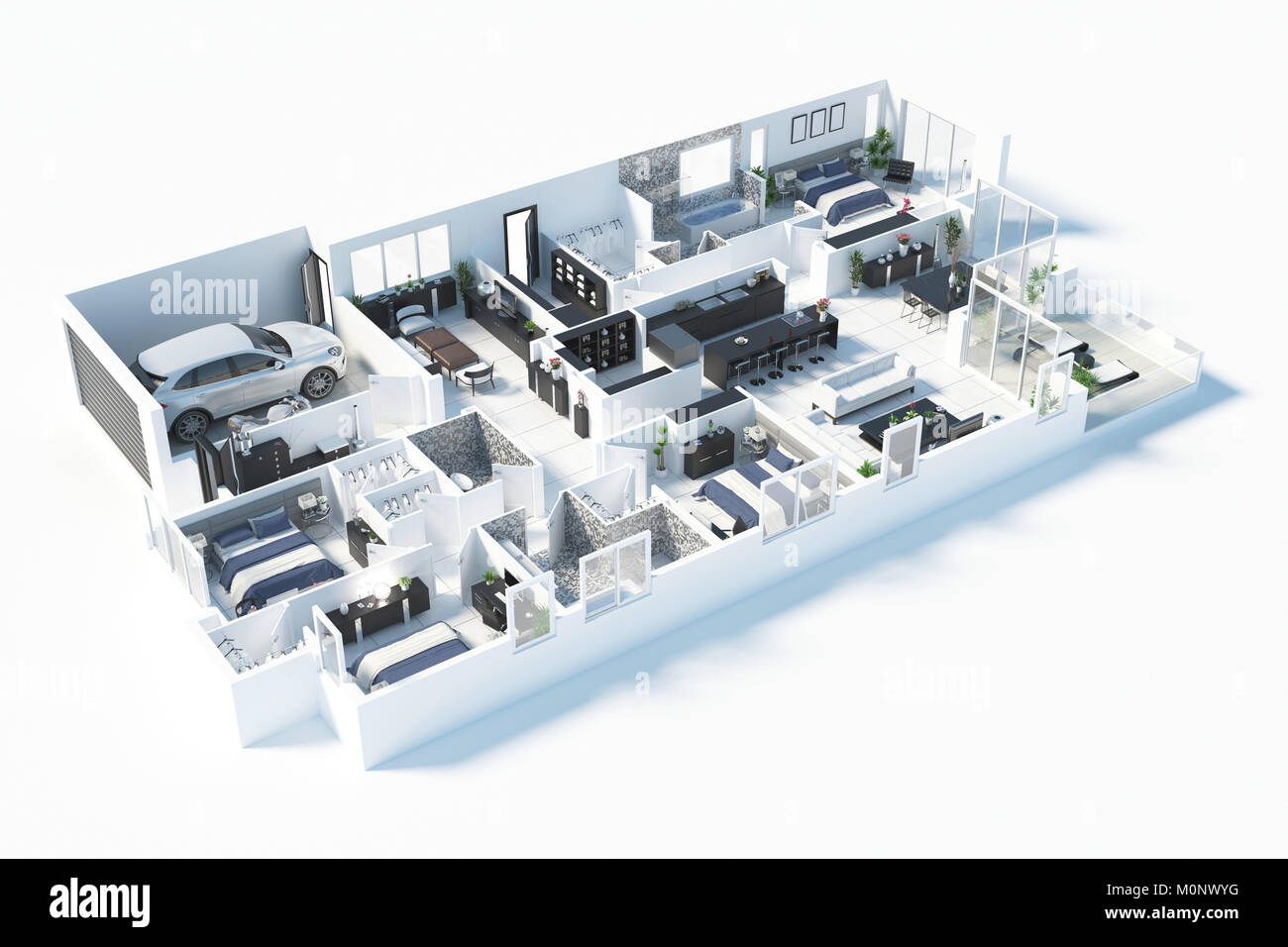 Floor plan of a house top view 3D illustration. Open concept living ...