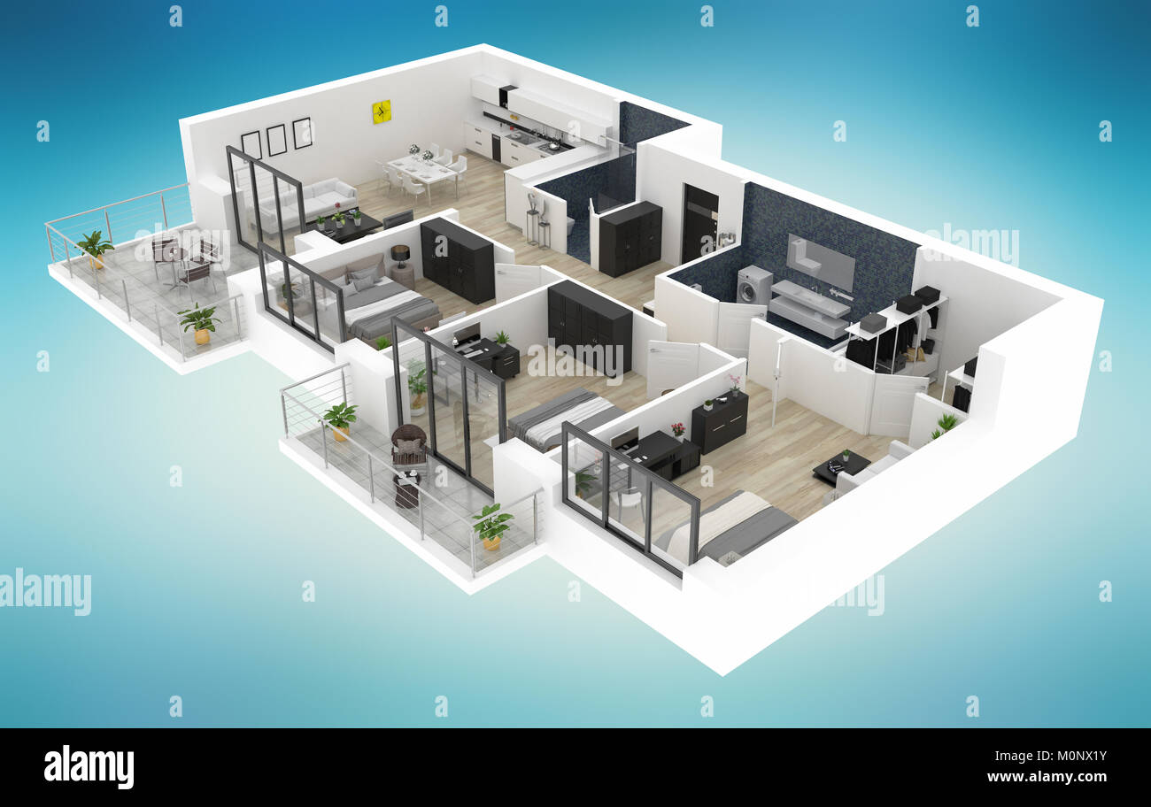 Floor plan of a house top view 3D illustration. Open concept living ...