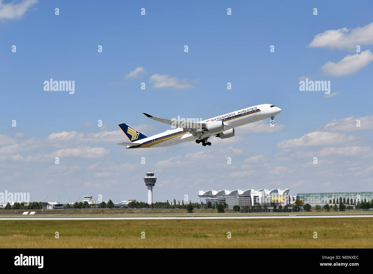 Singapore Airlines,Airbus A350-900,take-off,runway south,with tower and ...