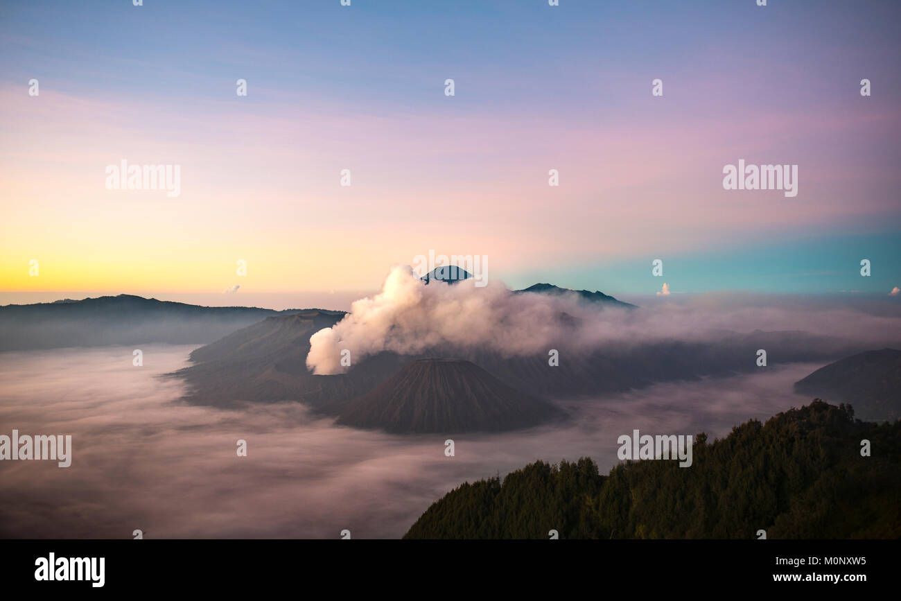 View of Caldera Tengger with volcanoes at sunrise,smoking volcano ...