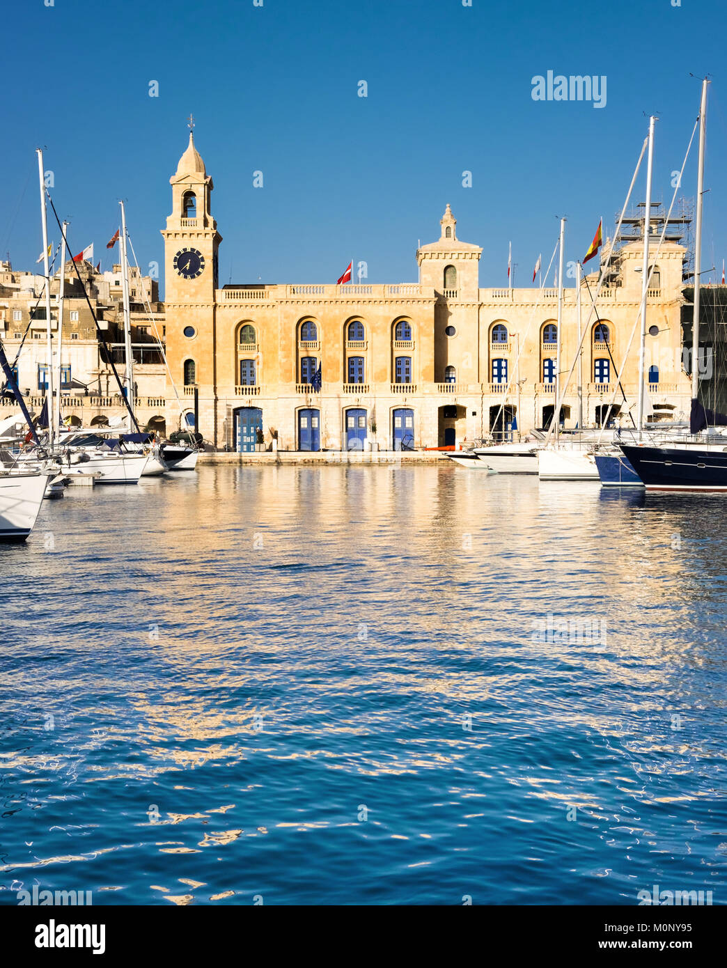 Yachts and boats moored in the harbor of dockyard creek in front malta ...