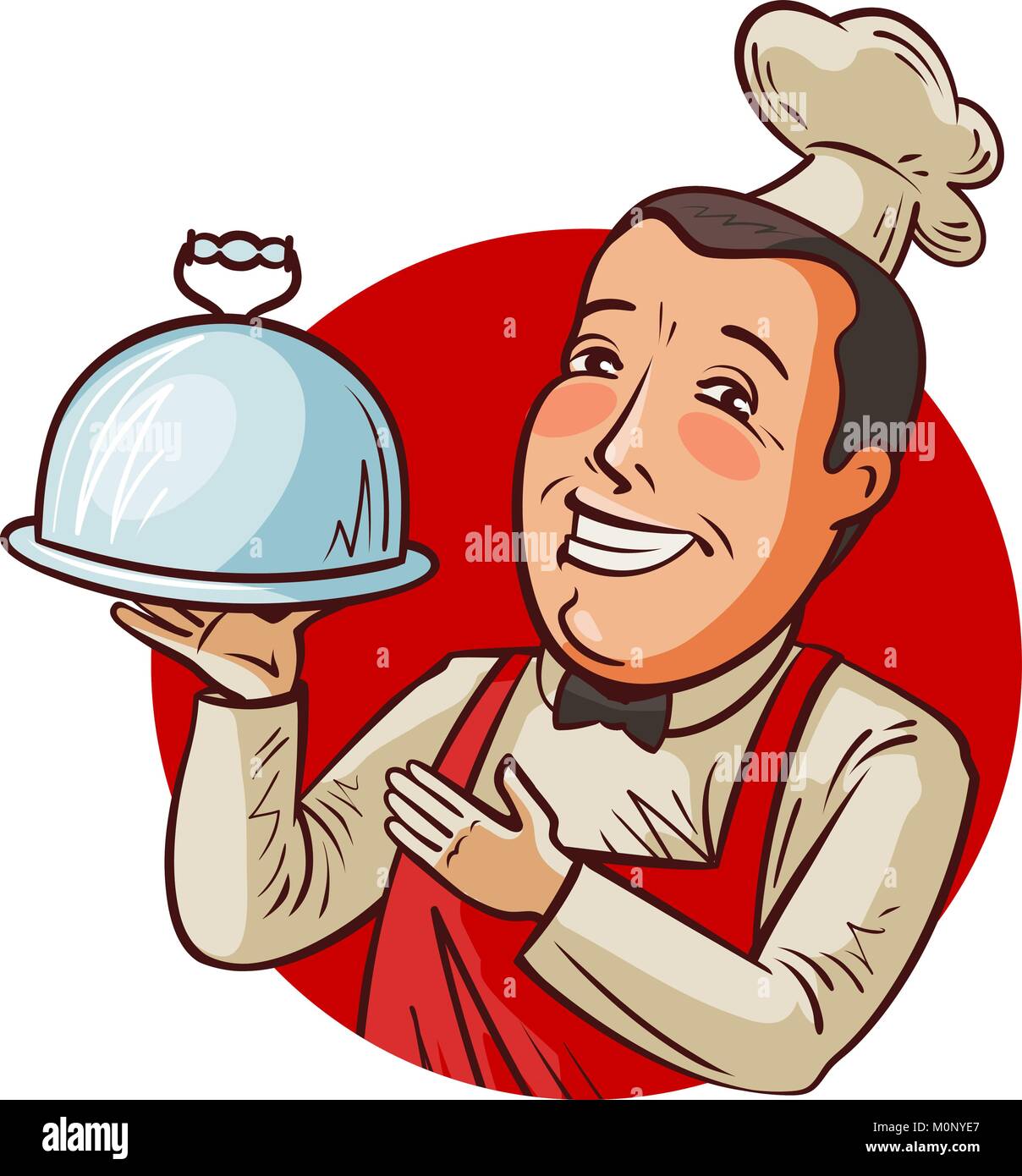 Happy chef with tray in hand. Restaurant, eatery, food concept. Cartoon ...