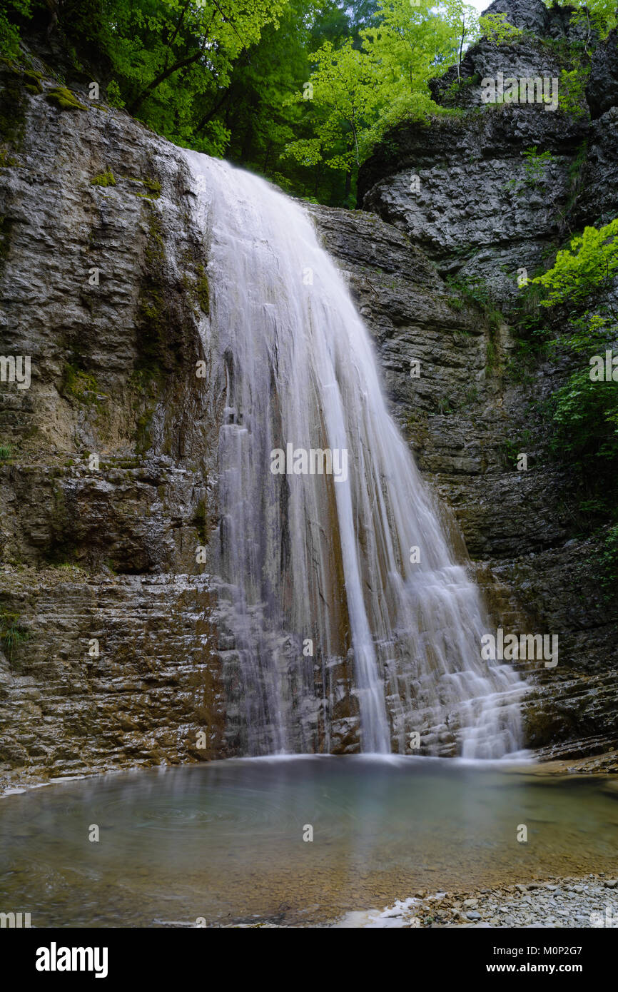 Waterfall in the spring forest on a mountain river Stock Photo - Alamy