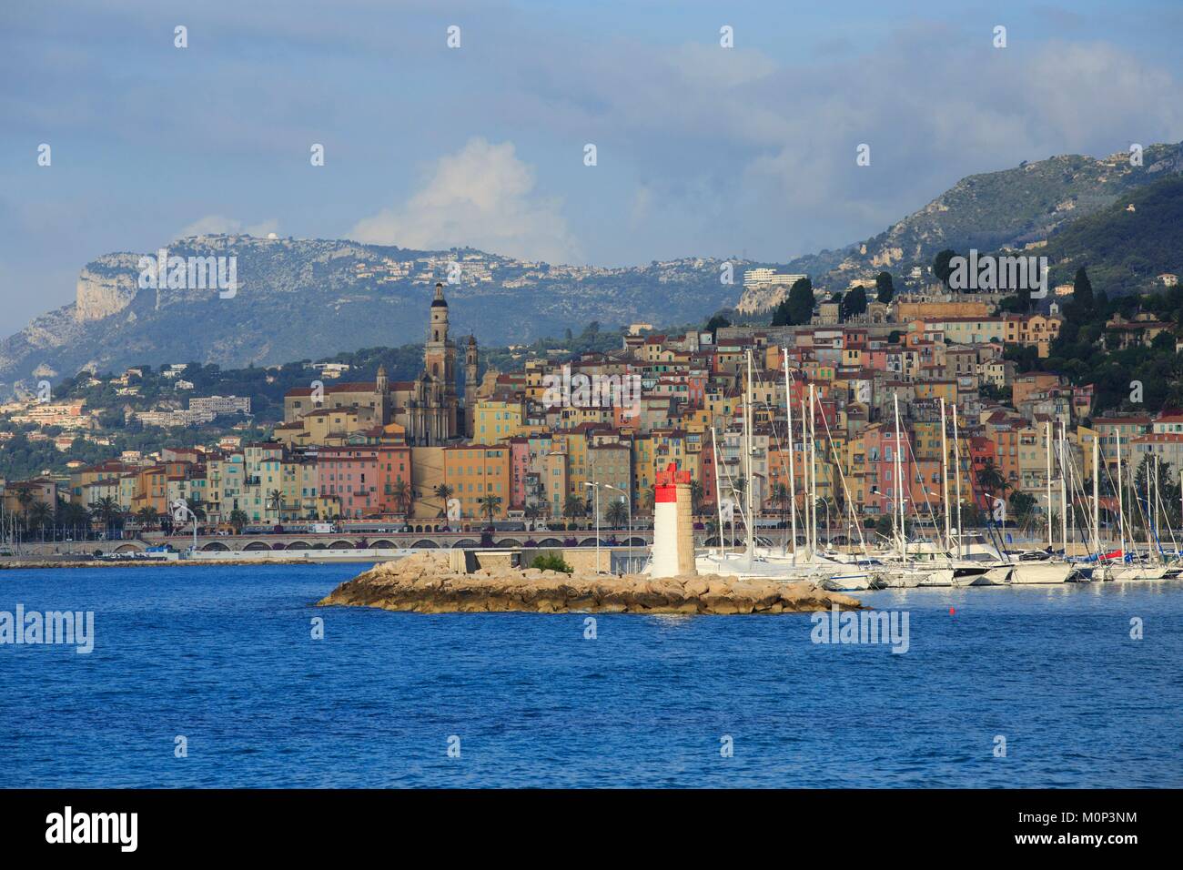 France,Alpes Maritimes,Menton,lighthouse of the port of Garavan,the old ...