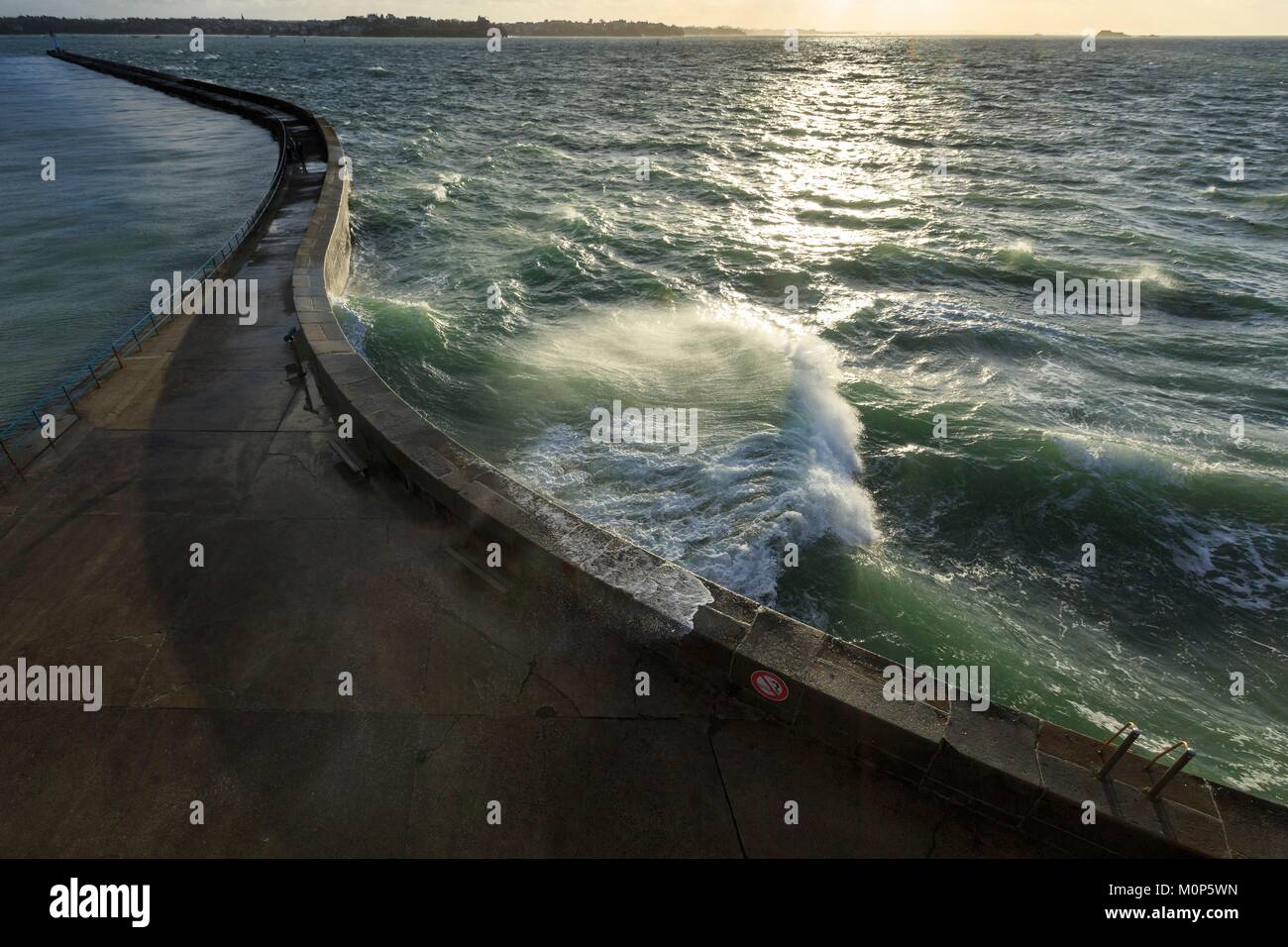 France,Ille et Vilaine,Saint Malo,wave passing the dike,Mole of the ...