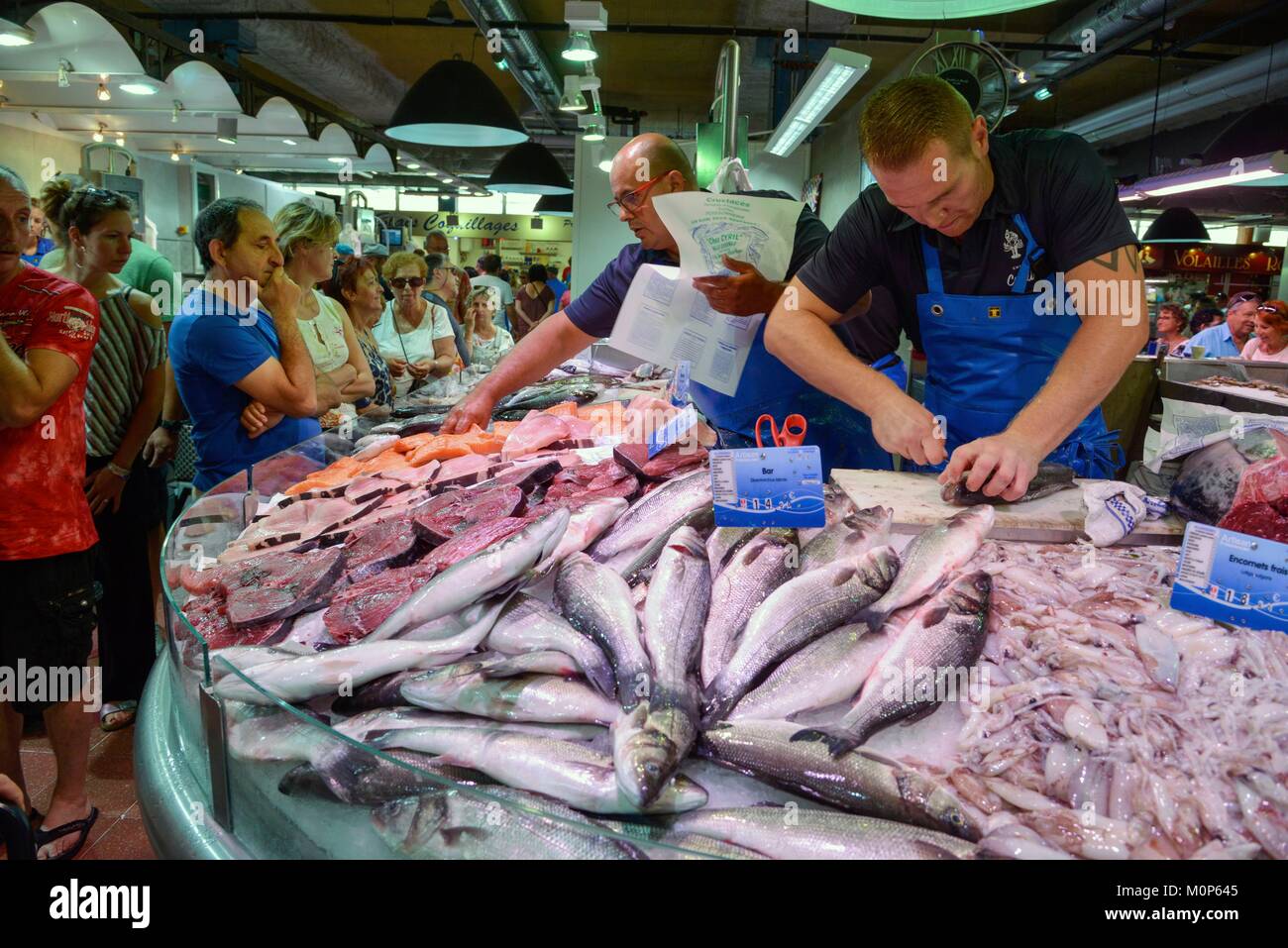 France,Herault,Sete,Halls Markets,fish market,traders' stalls of fish ...