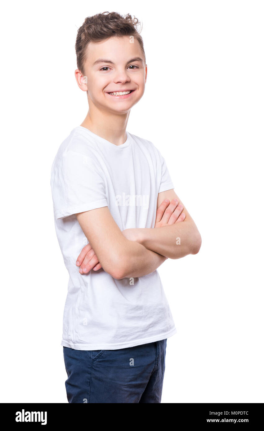 Half-length emotional portrait of caucasian teen boy wearing white t ...