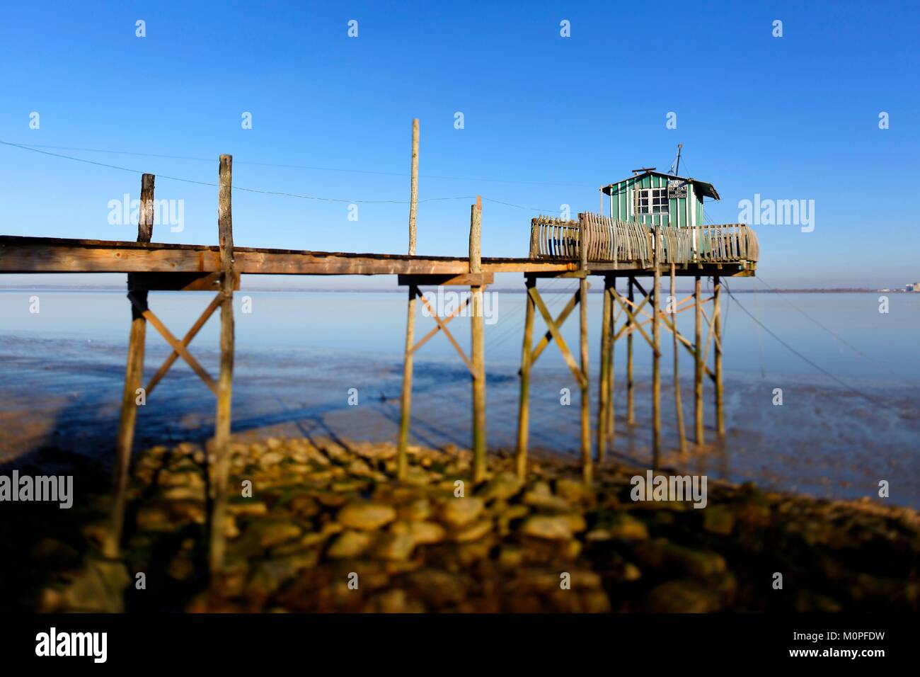 France,Gironde,Saint Estephe,fishing hut with plaice on the estuary of ...