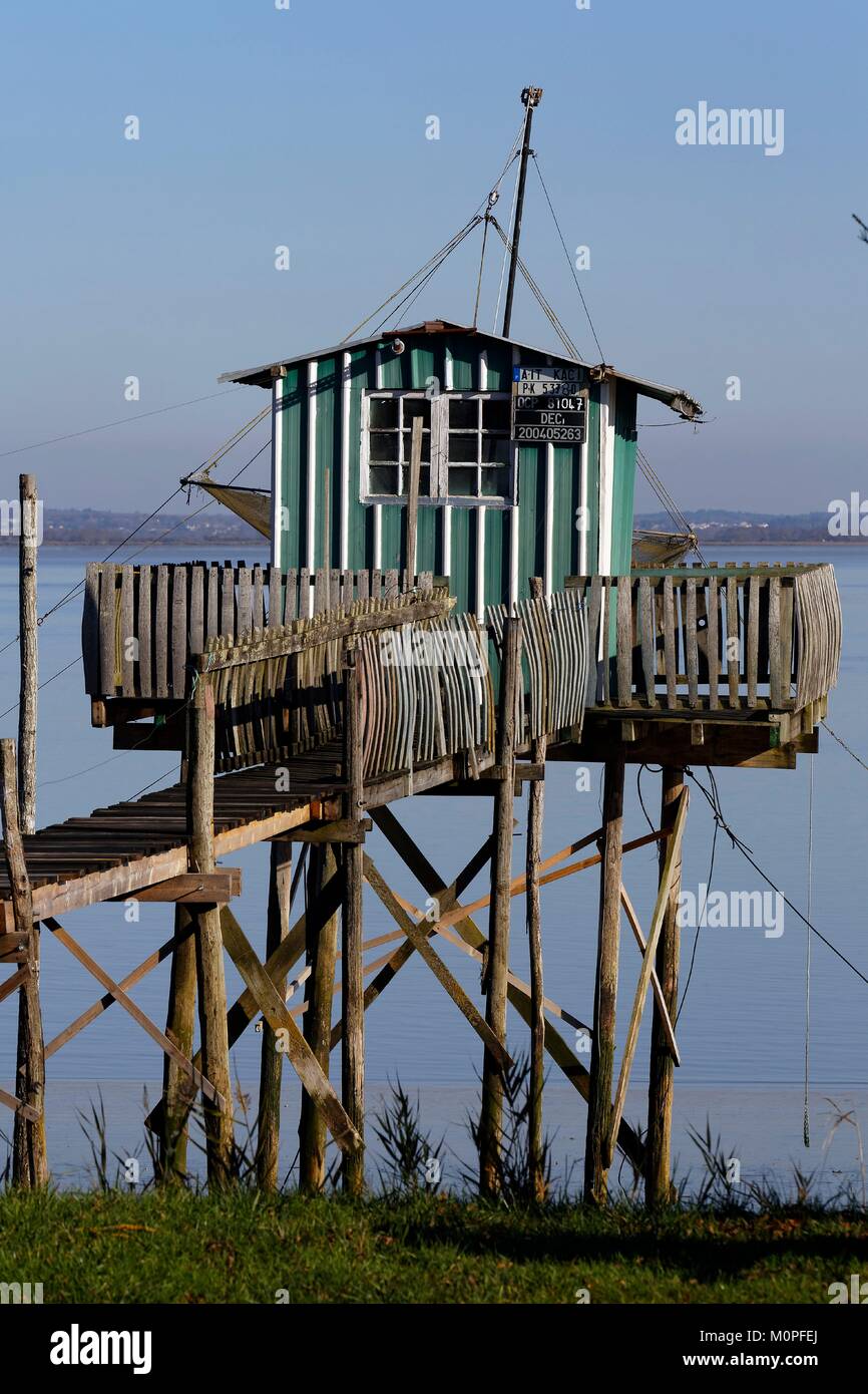 France,Gironde,Saint Estephe,fishing hut with plaice on the estuary of ...