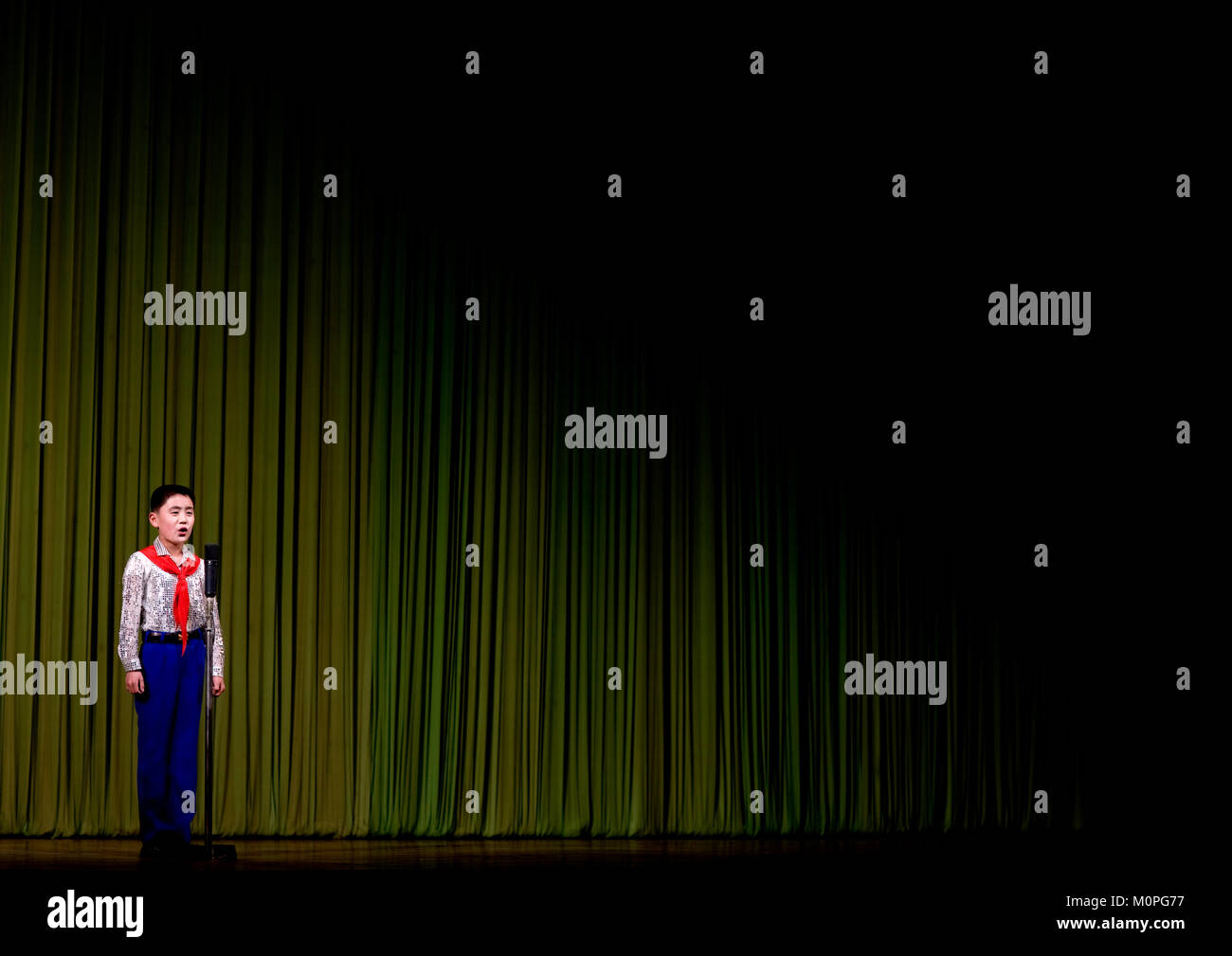 North Korean boy on the stage of Mangyongdae children's palace, Pyongan ...