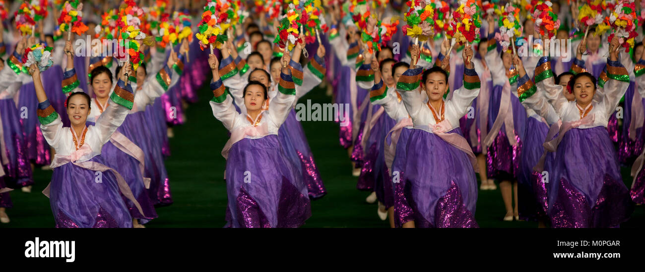 North Korean women dancing in choson-ot during the Arirang mass games ...