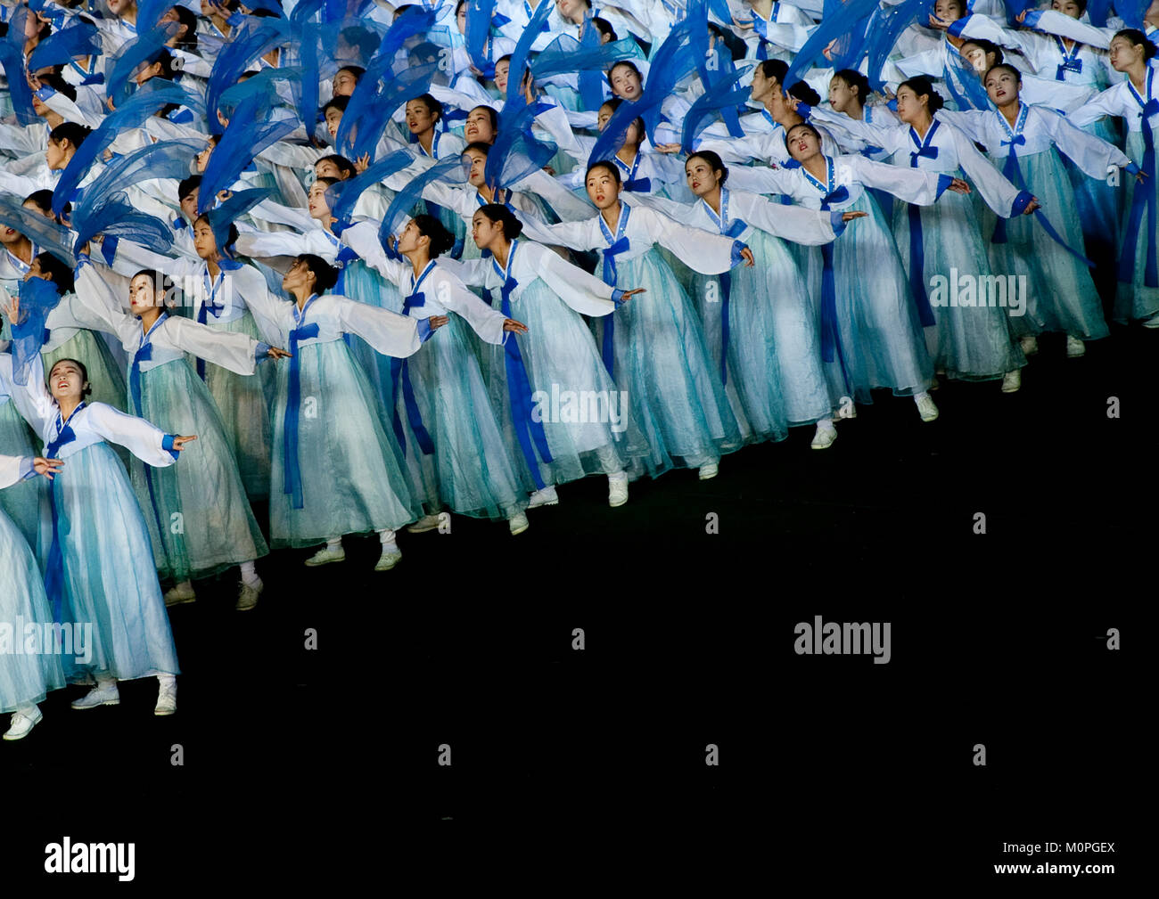 North Korean women dancing in choson-ot during the Arirang mass games ...