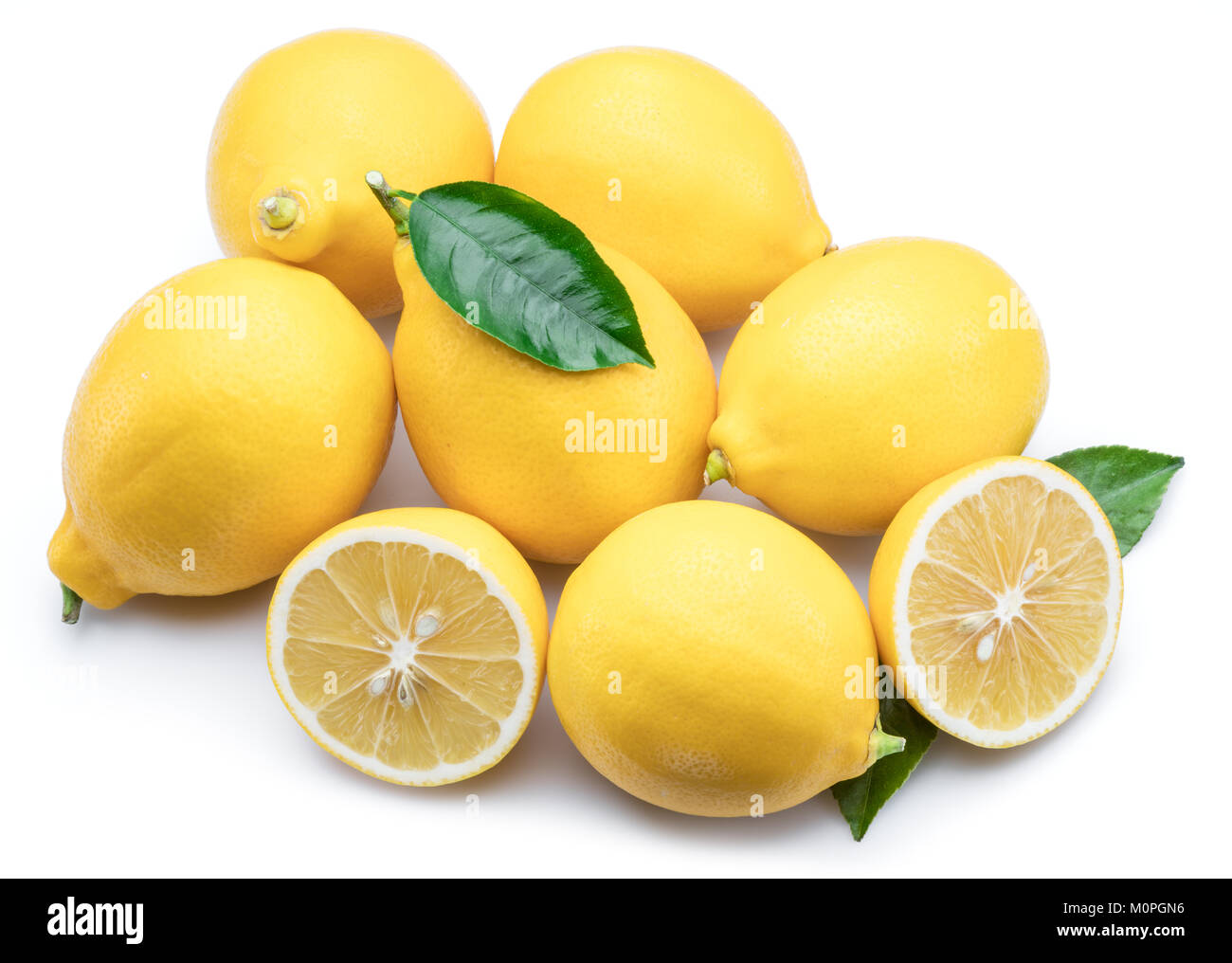 Ripe lemon fruits with lemon leaf on the white background Stock Photo ...