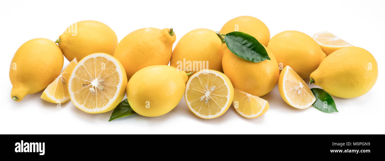 Lot of lemon fruits with lemon leaf isolated. Horizontal photo Stock ...