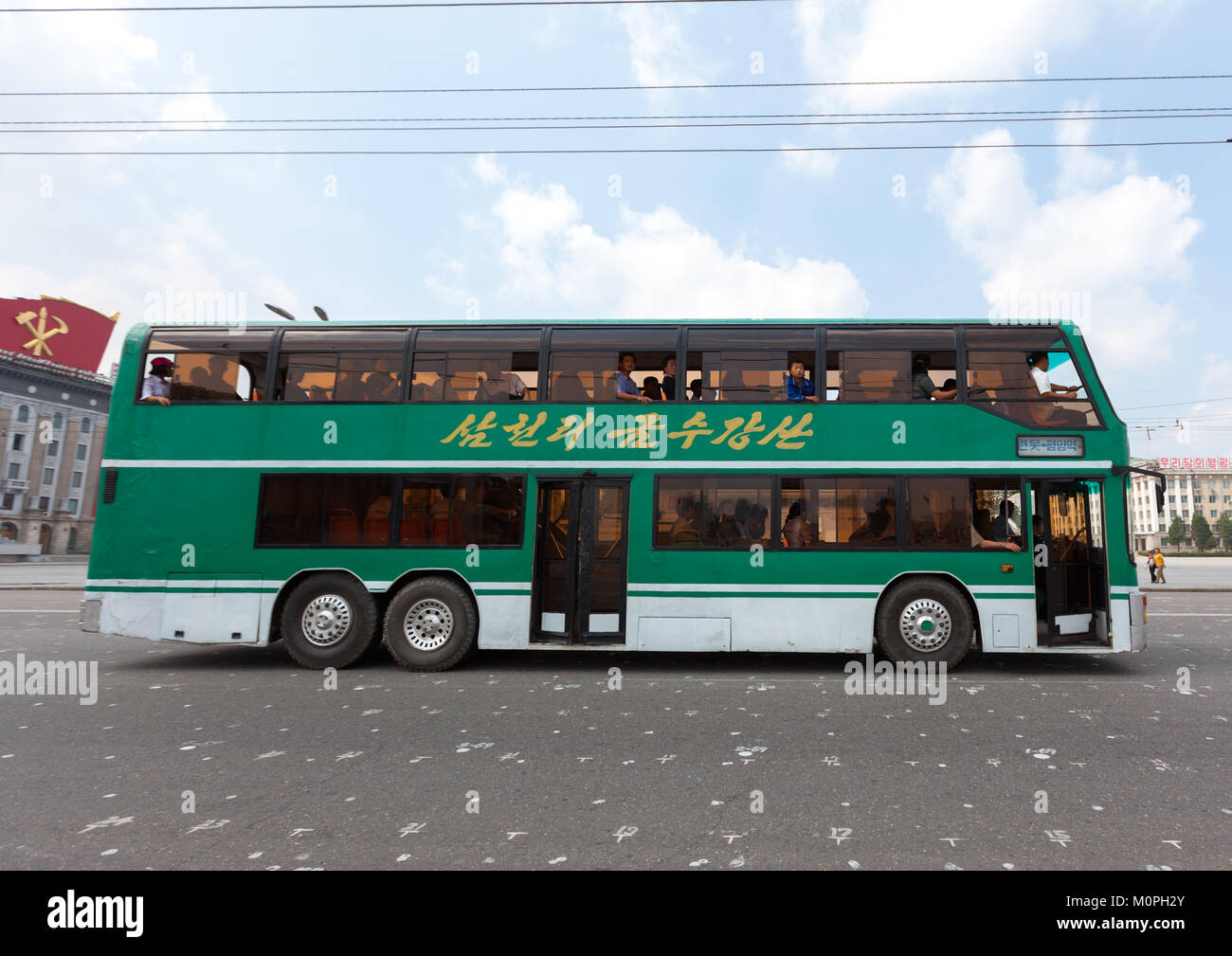 Double deck bus in the city, Pyongan Province, Pyongyang, North Korea ...