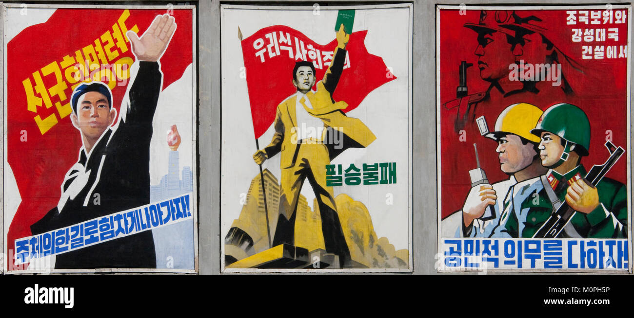 Row of North Korean propaganda billboards in the street, Pyongan ...
