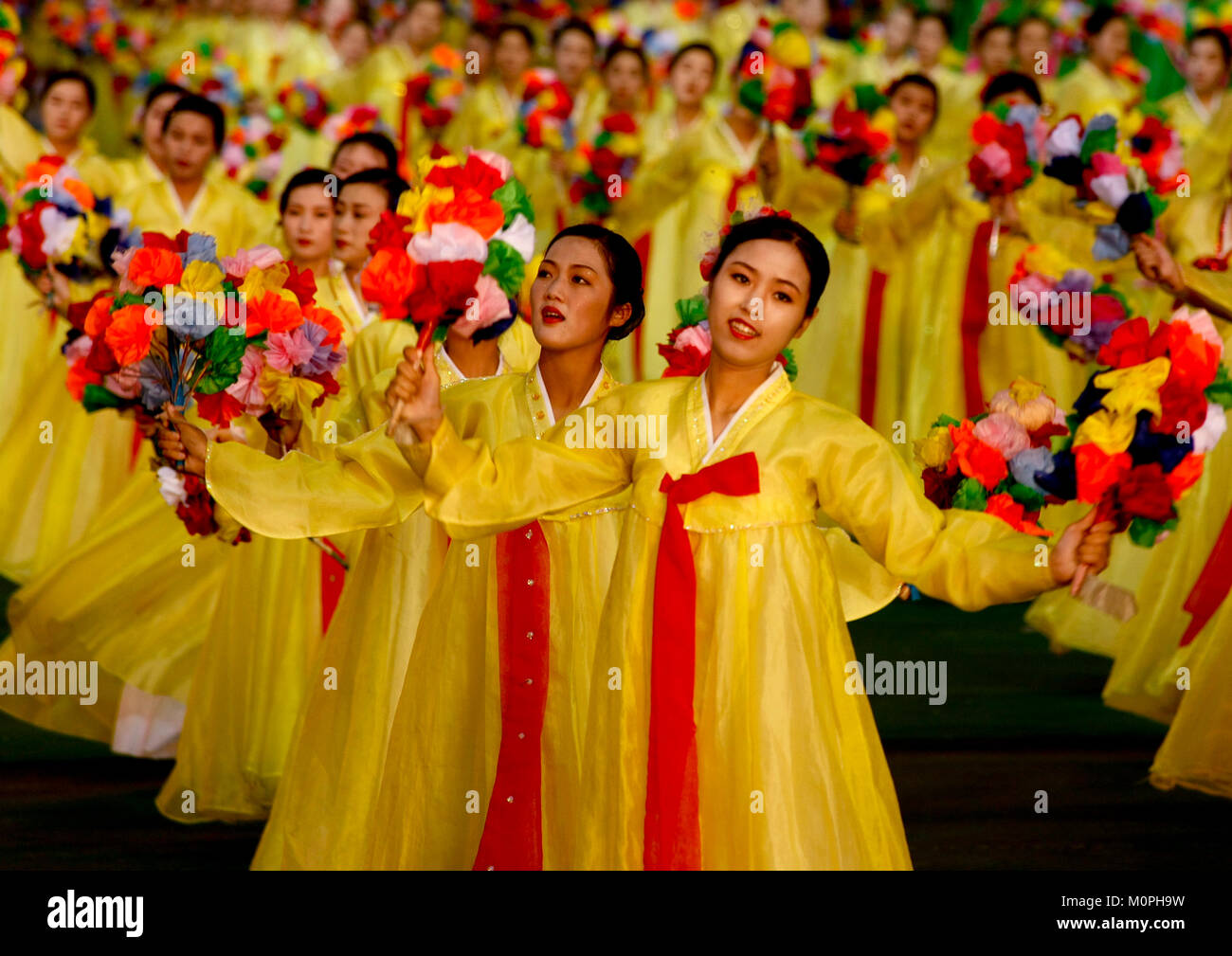 North Korean women dancing in choson-ot during the Arirang mass games ...