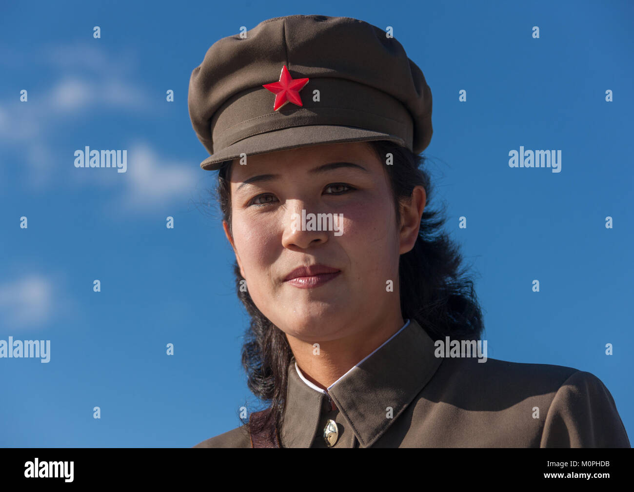 North Korean guide in the Grand monument of lake Samji, Ryanggang ...