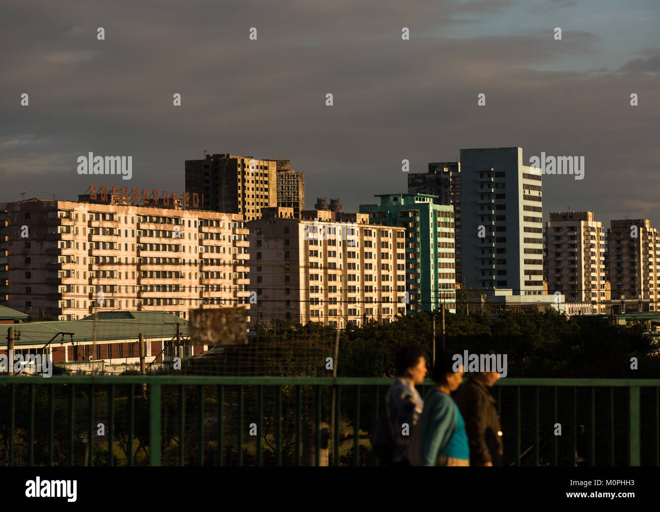 City buildings in the sunset light, Pyongan Province, Pyongyang, North ...