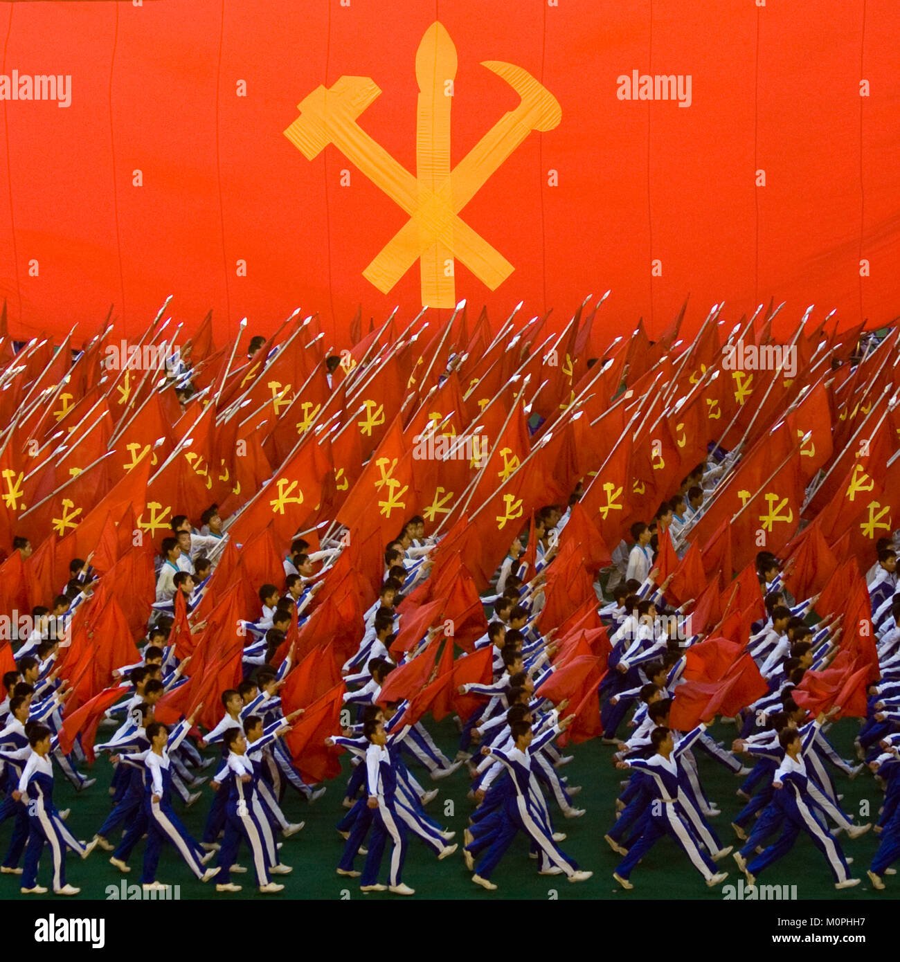 Workers' Party of North Korea giant flag during the Arirang mass games ...